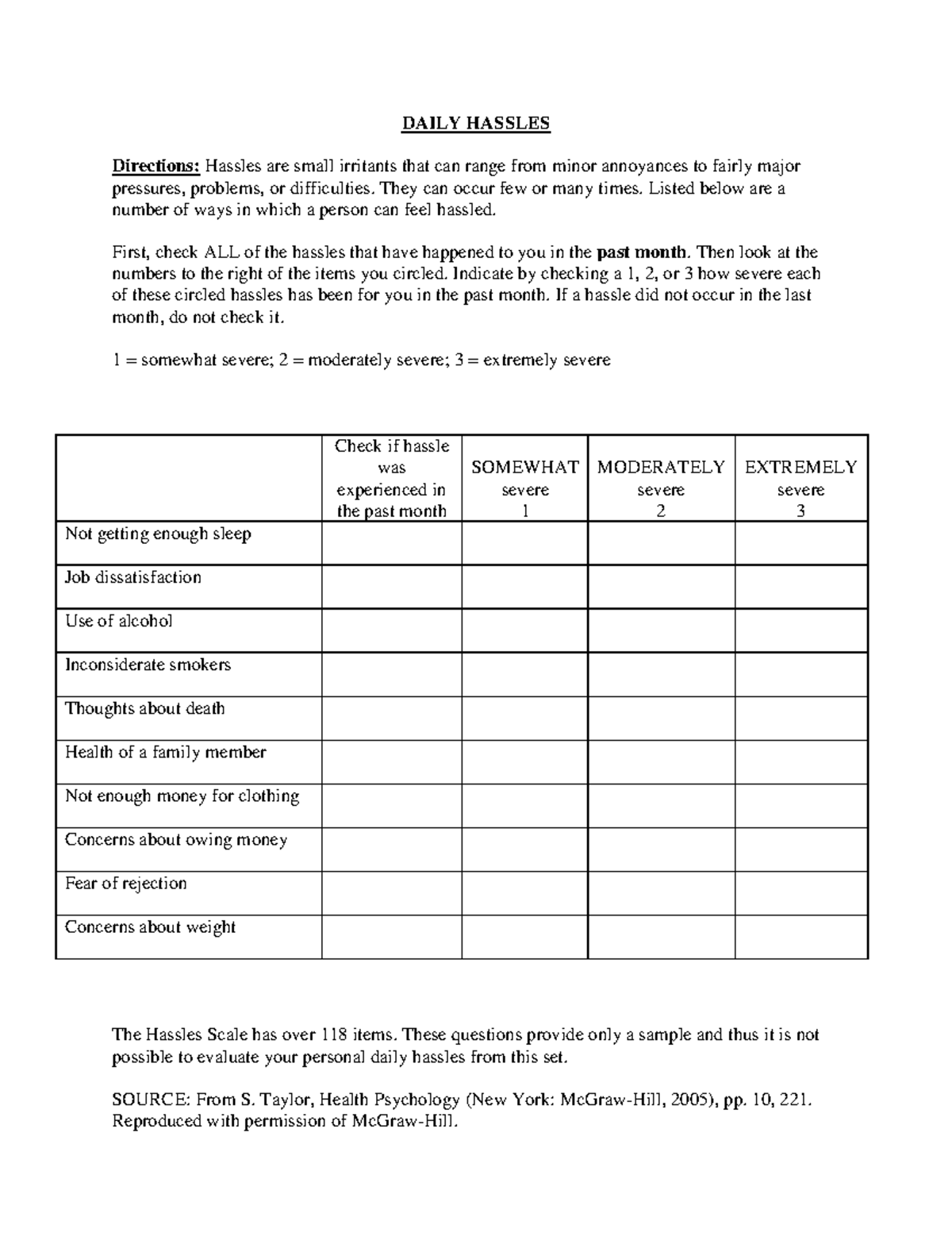 Daily Hassles handout - lect - DAILY HASSLES Directions: Hassles are ...