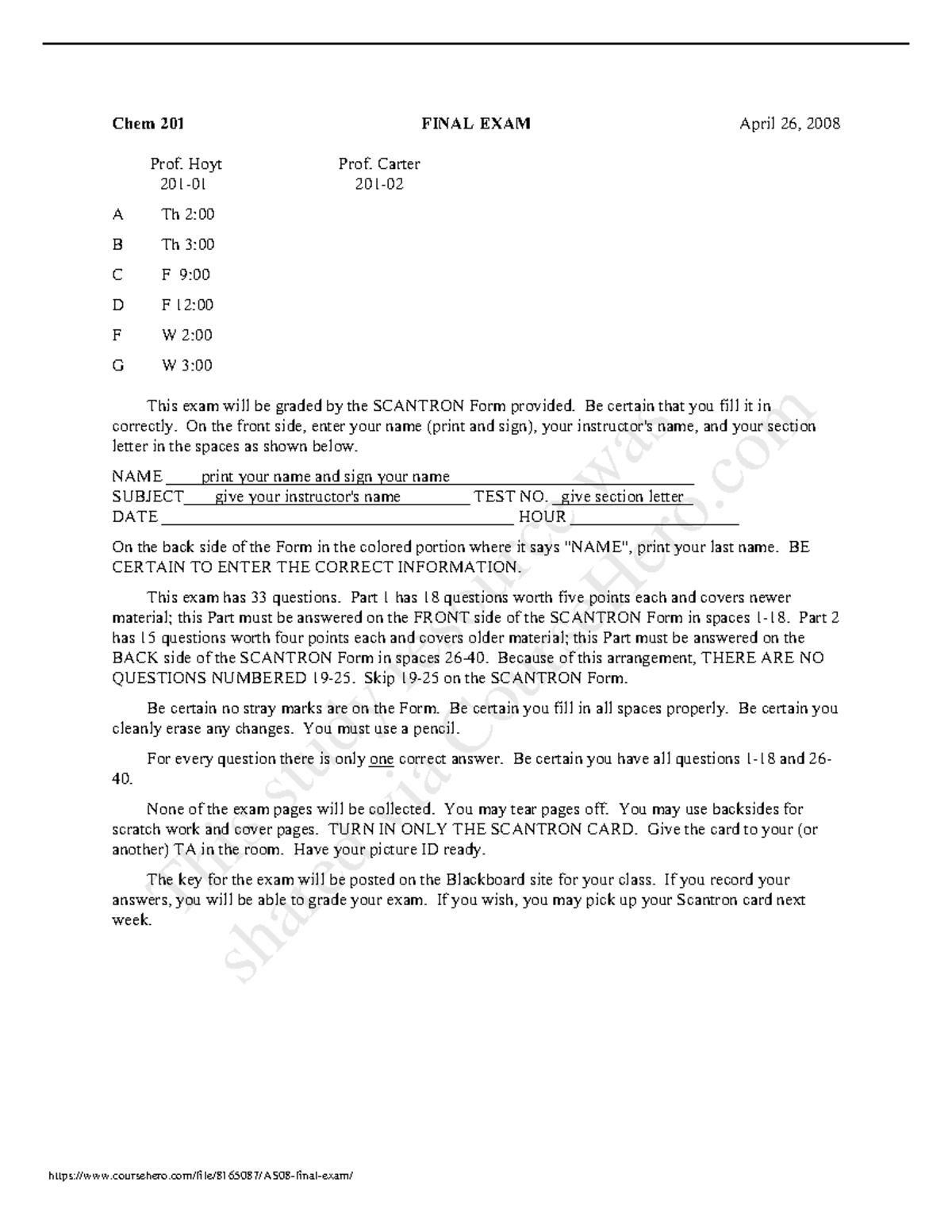 Example final exam - Chem 201 FINAL EXAM April 26, 2008 Prof. Hoyt 201 ...
