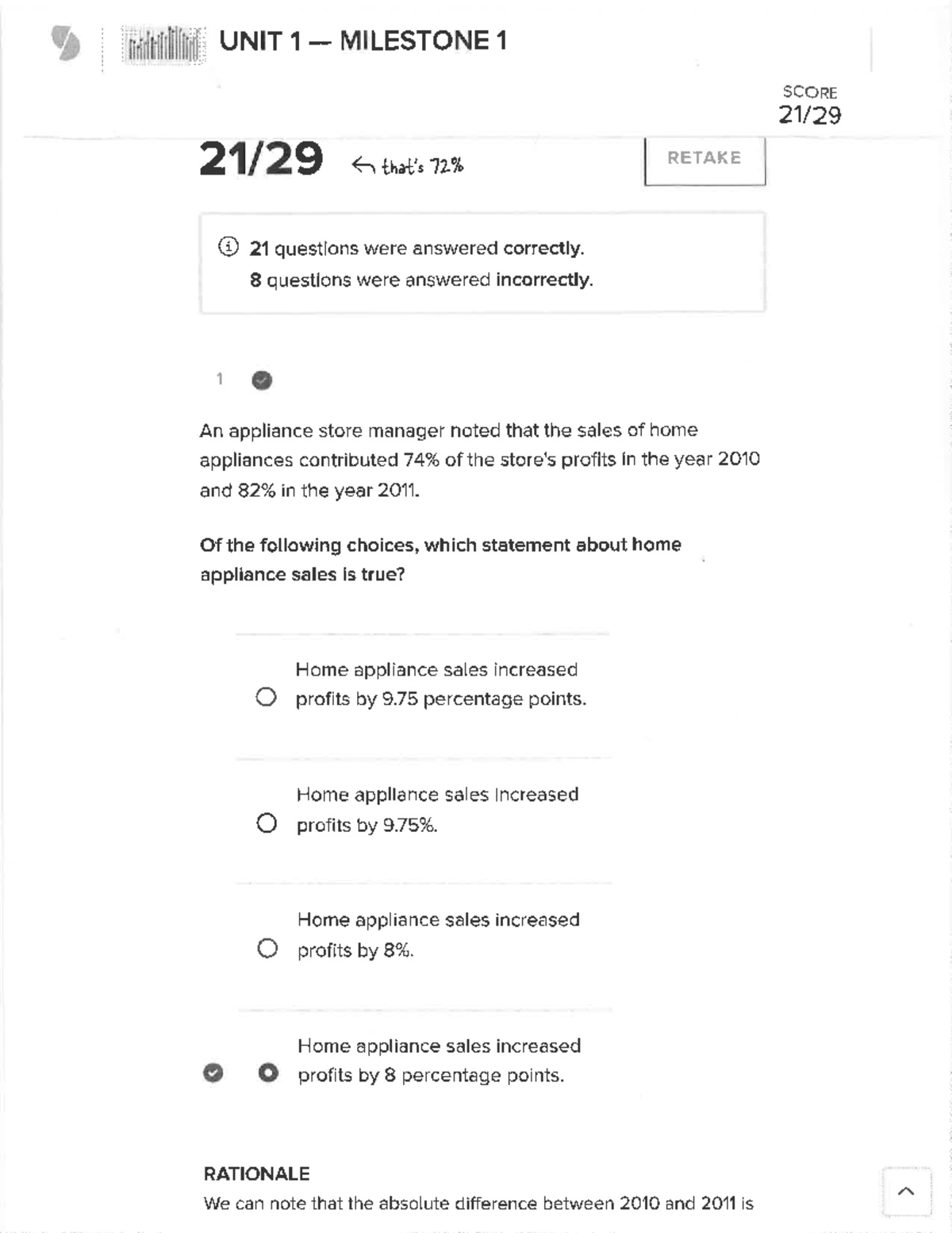 Unit 1 Mile Stone Math Statistics - UNIT 1 MILESTONE 1 SCORE RETAKE i ...