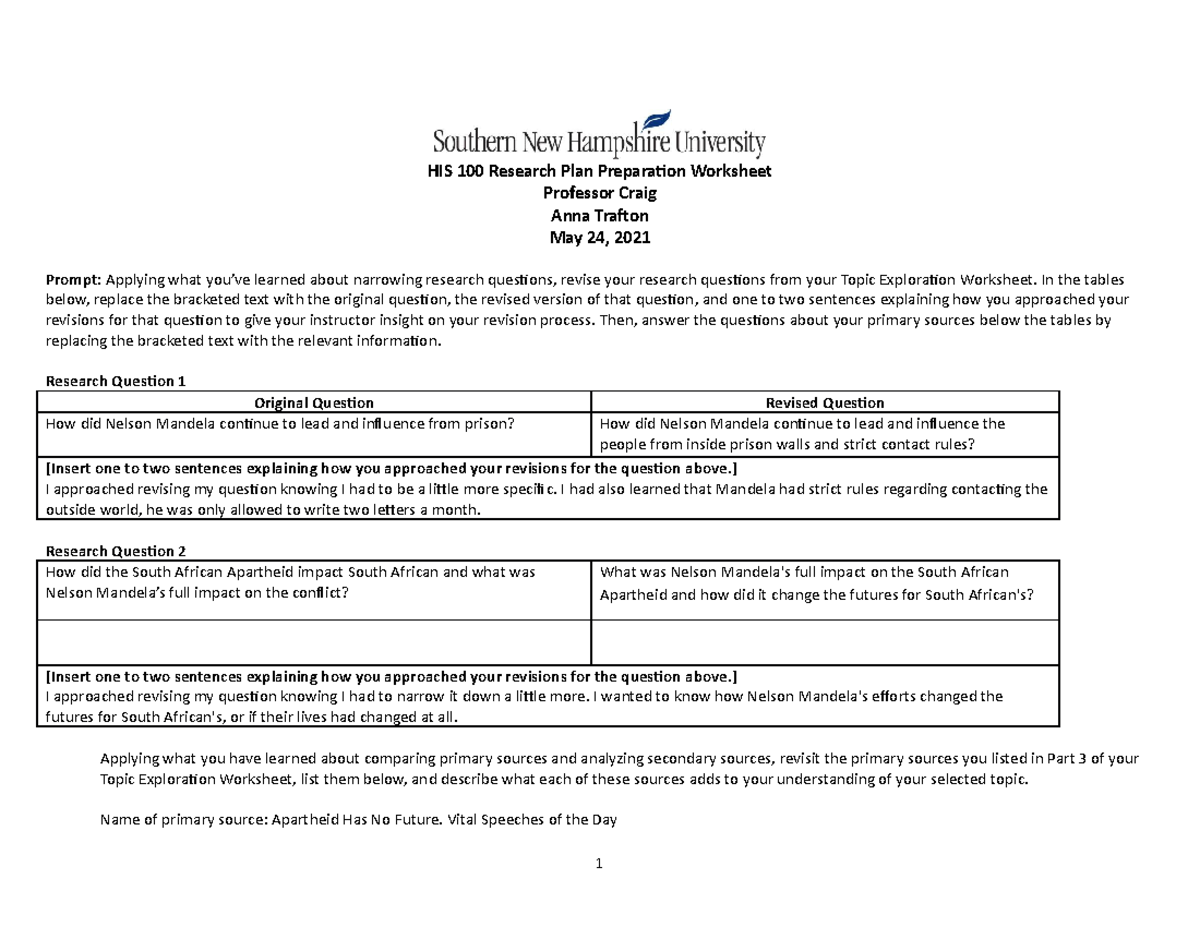 HIS 100 Research Plan Preparation Worksheet - HIS 100 Research Plan ...