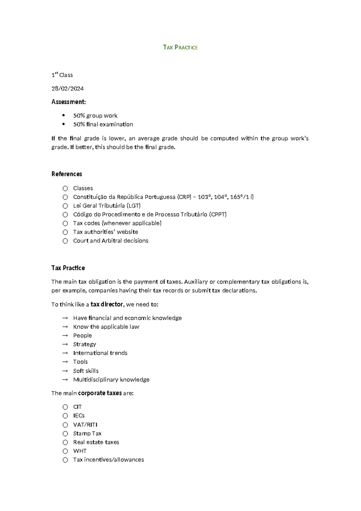 Tax Practice - TAX PRACTICE 1 st Class 28/02/ Assessment: 50% group ...
