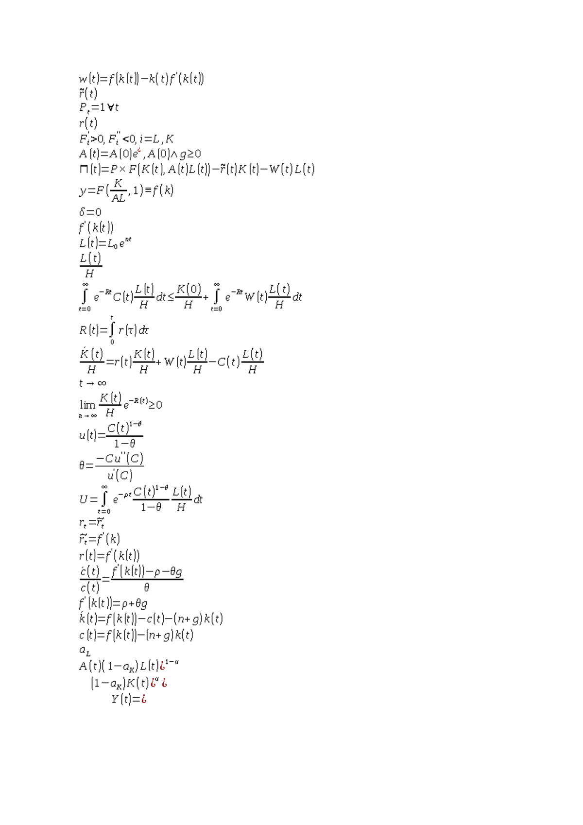 Macro Symbols & Equations - w ( t ) =f(k ( t ) )−k(t)f ' (k ( t ) ) ~ r ...