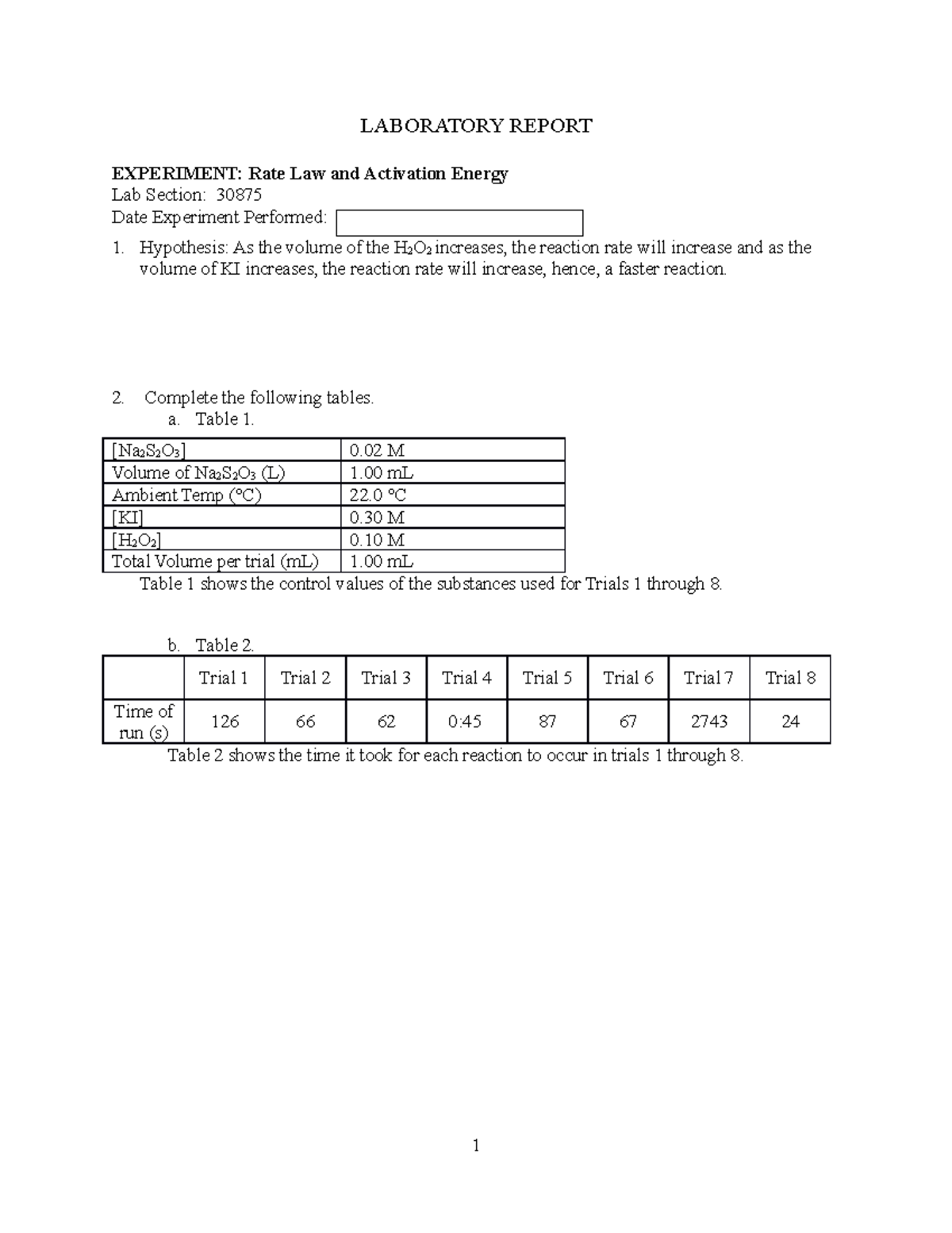 Exp 24 Rate Law and Ea numbers only - LABORATORY REPORT EXPERIMENT ...