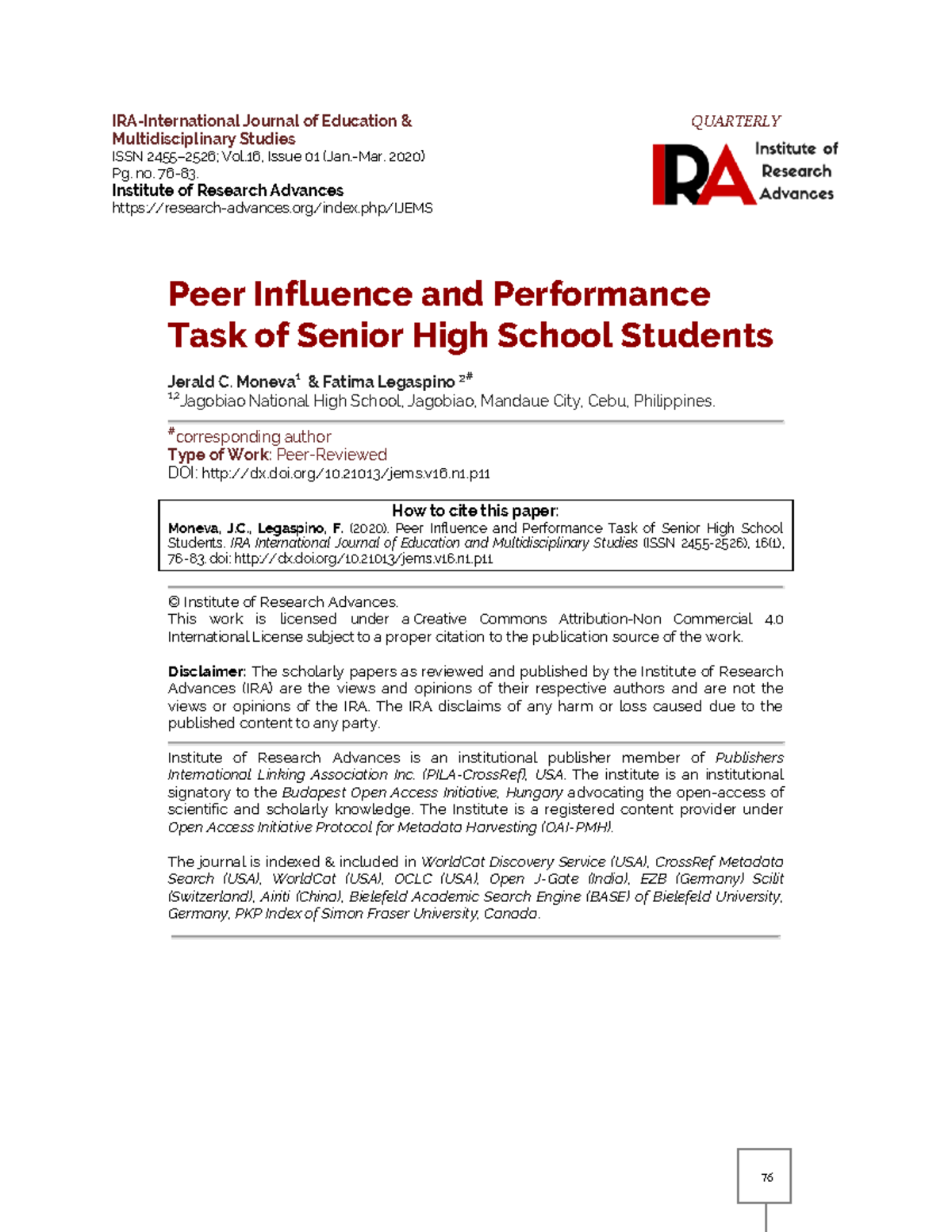 Peer Influence and Performance Task of Senior High - IRA-International ...