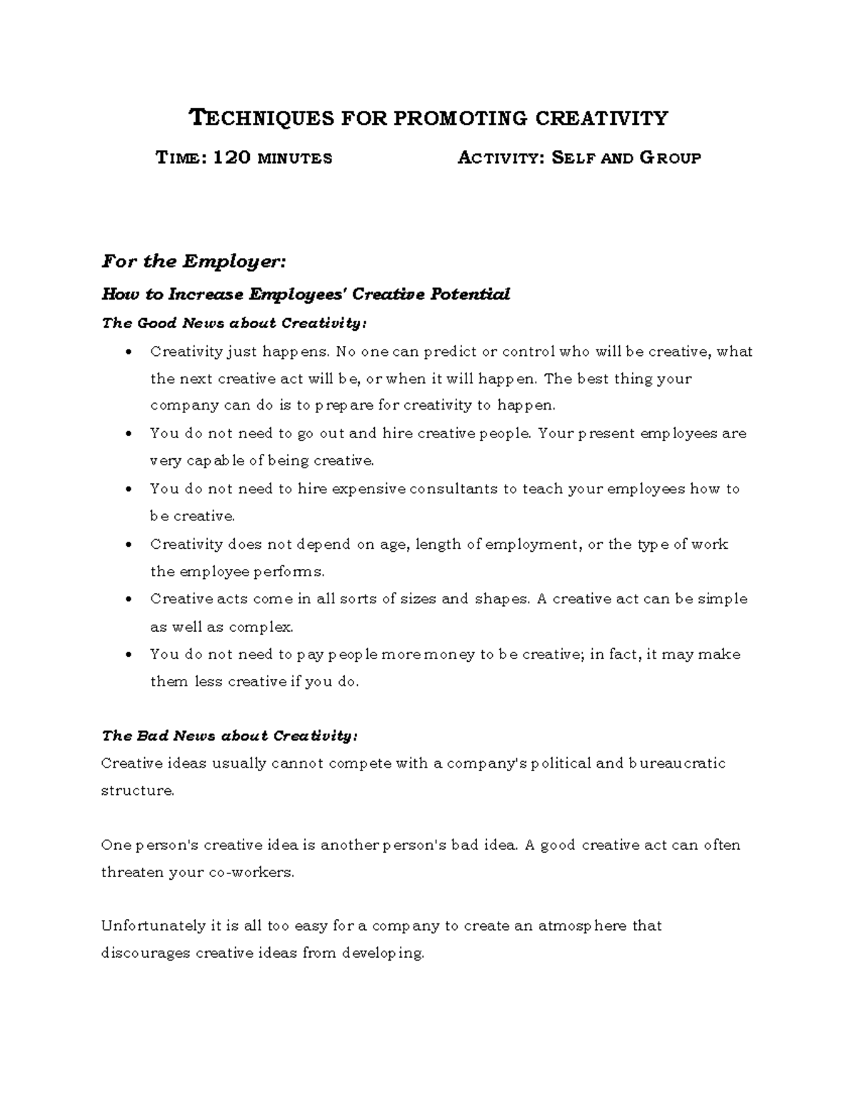 Techniques for promoting creativity - TECHNIQUES FOR PROMOTING ...