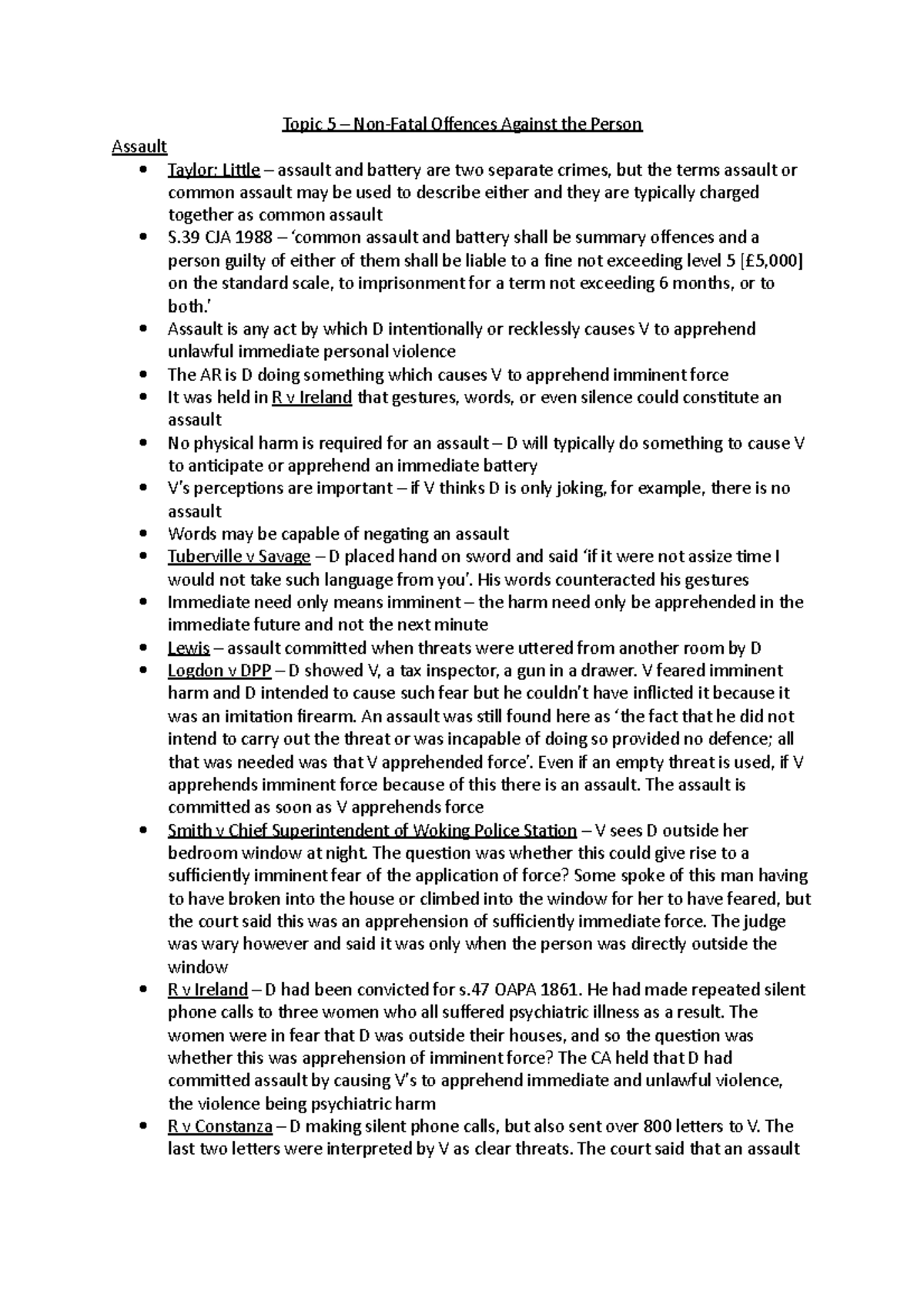 Non-Fatal Offences - Summary Criminal Law - Topic 5 Offences Against ...