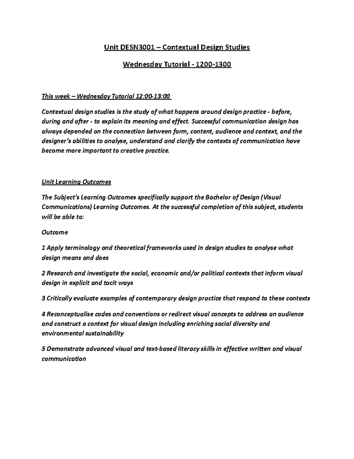 Unit DESN3001 - Contextual Design Studies - Wed Tutorial - 1200 - 1300 ...