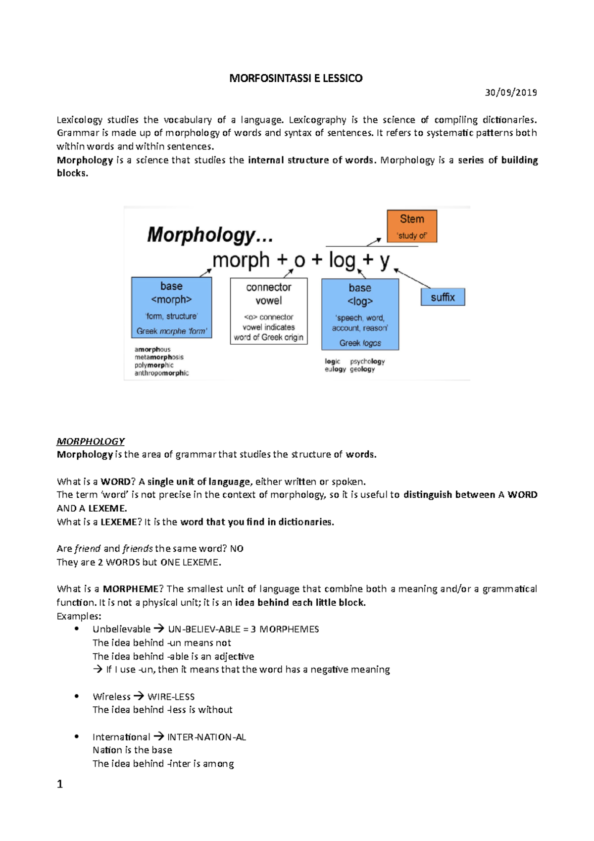 Morfosintassi E Lessico Inglese - MORFOSINTASSI E LESSICO 30/09/ Lexicology studies the ...