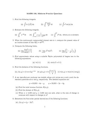 Math 156 Final Cheat Sheet - Integrals IBP: ∫ 𝑢 𝑑𝑣𝑑𝑥 𝑑𝑥 = 𝑢𝑣 − ∫ 𝑣 𝑑𝑢𝑑𝑥 ...