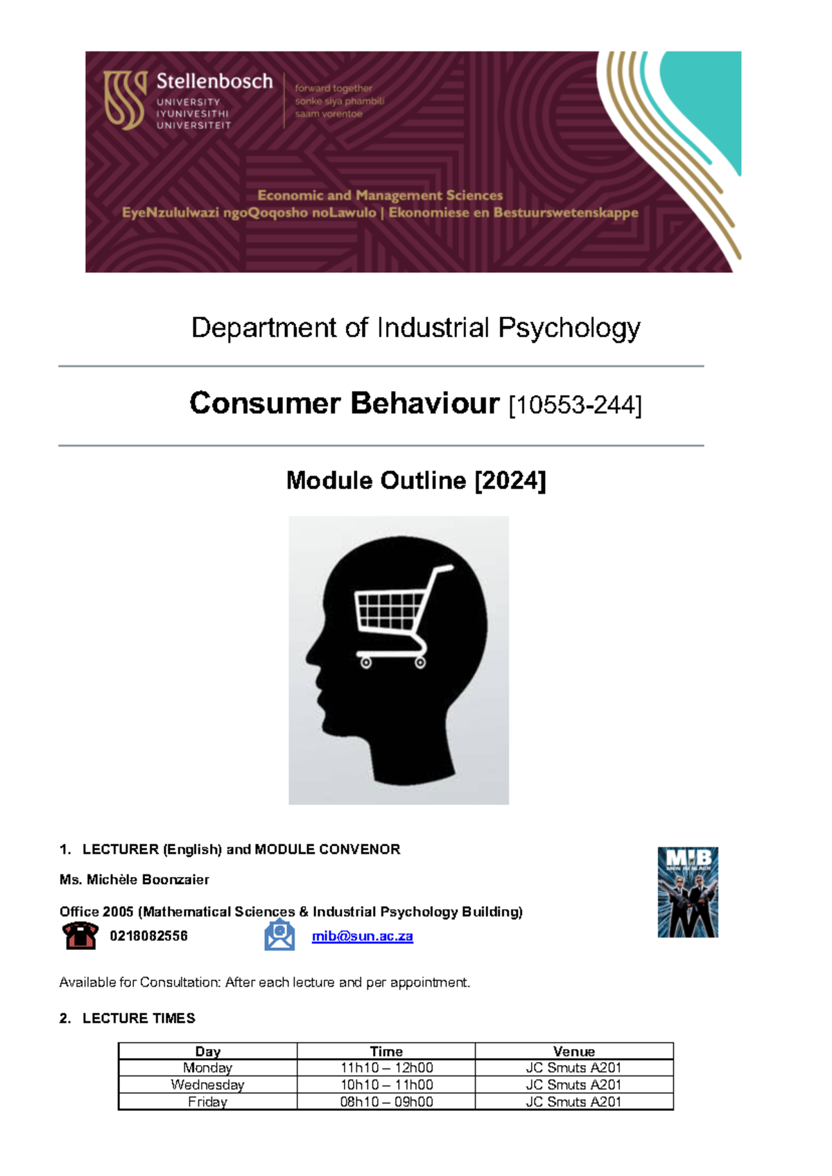 Module outline - notes - Department of Industrial Psychology Consumer ...