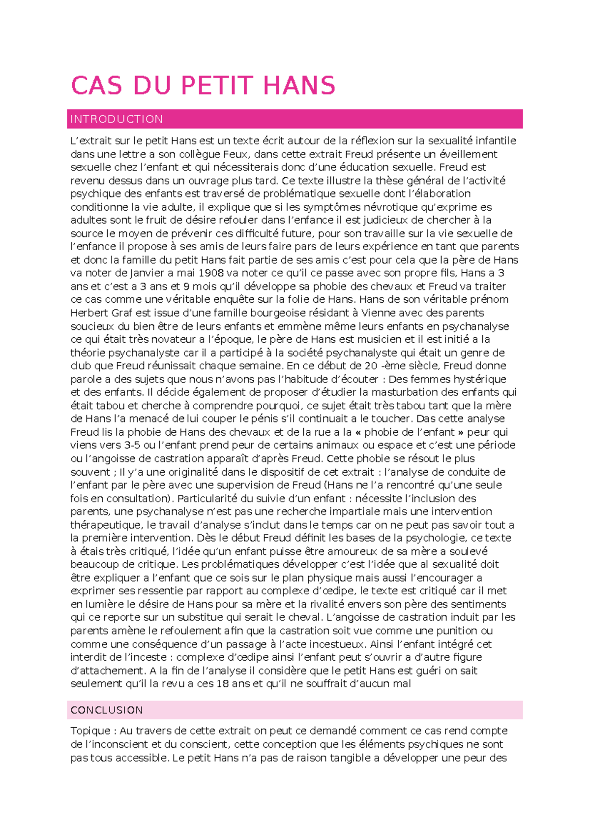Cas Hans TD - CAS DU PETIT HANS INTRODUCTION L’extrait sur le petit ...