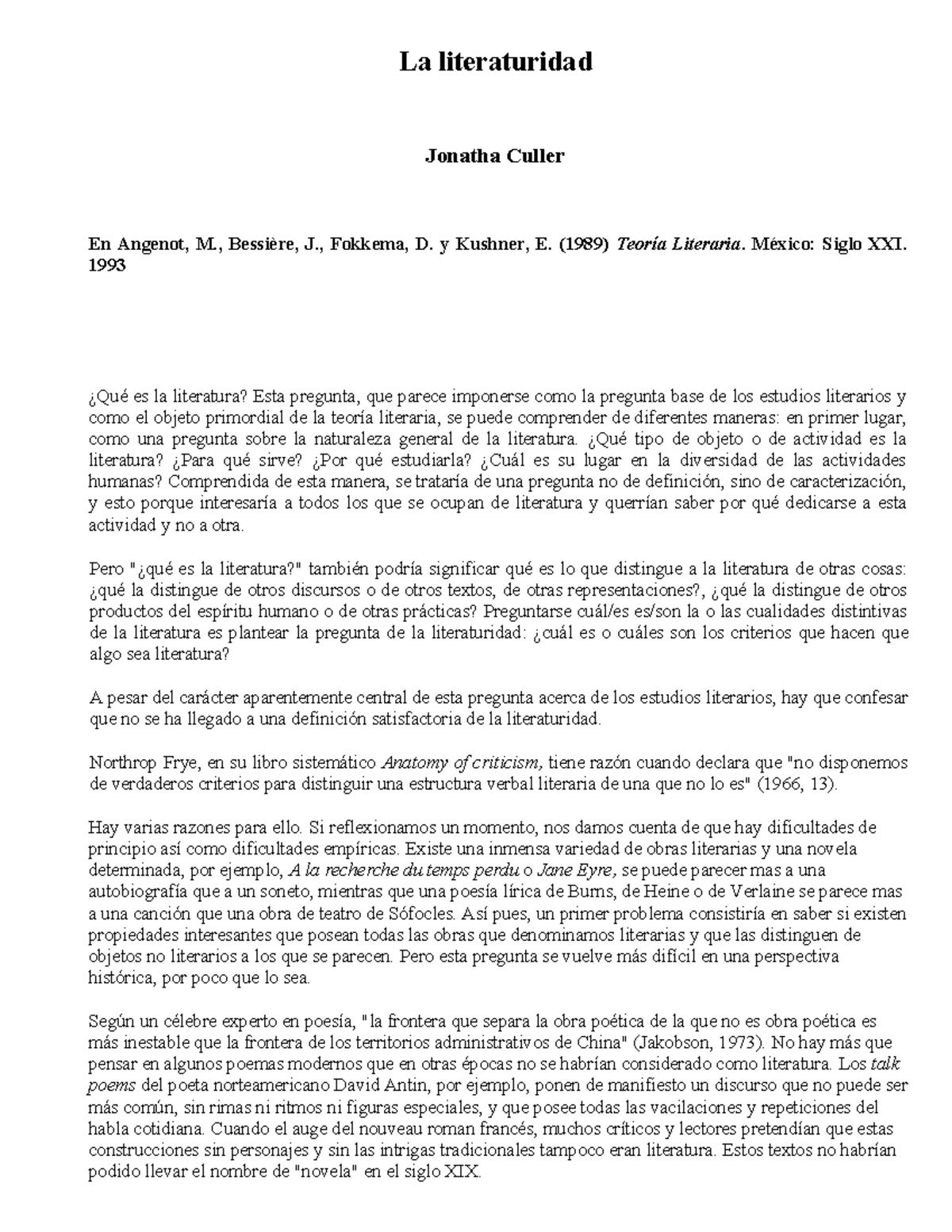 La literaturidad Jonatha Culler - La literaturidad Jonatha Culler En ...
