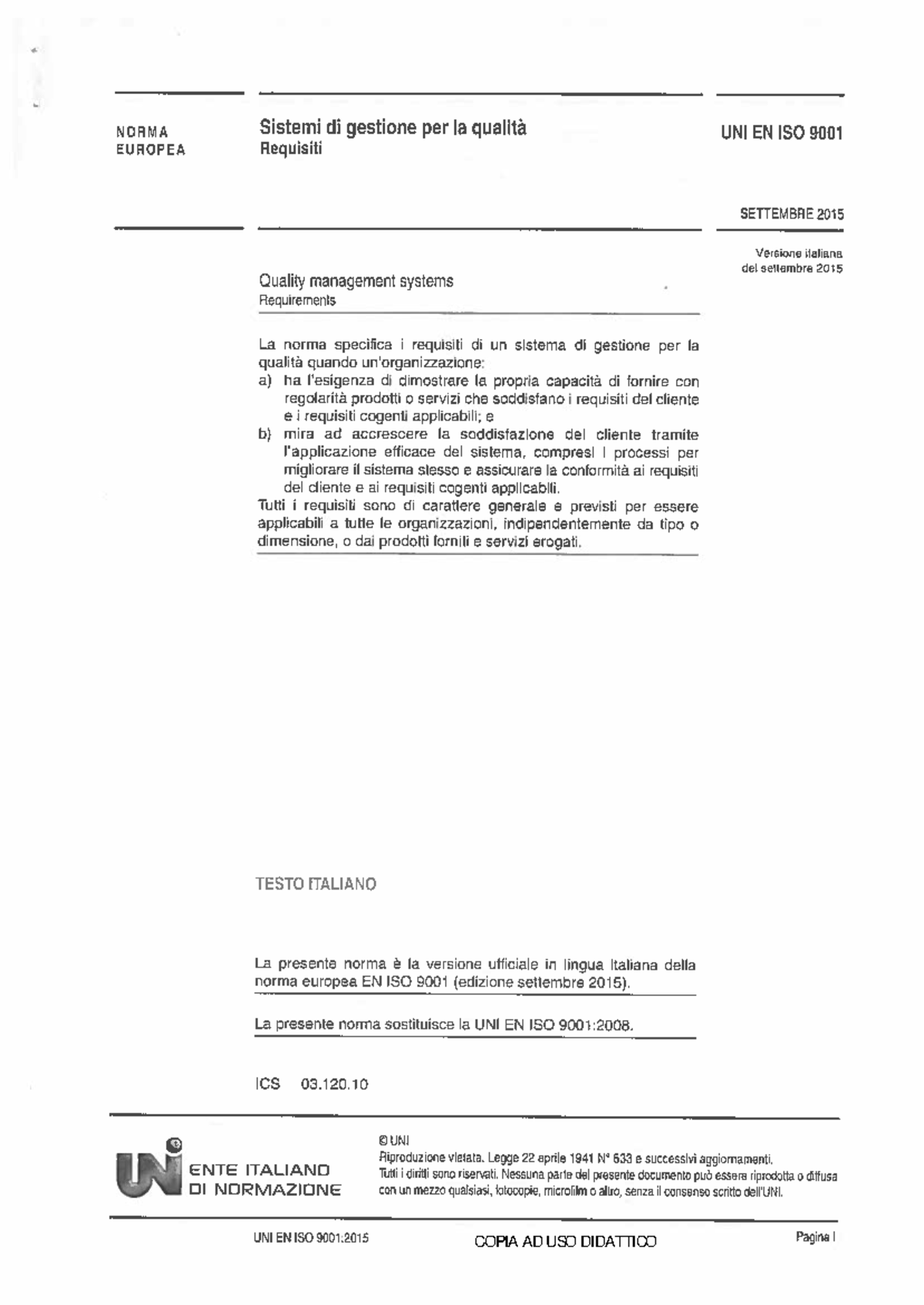Iso 9001 - Esame statistica. Teoria e Esercizi - Marketing e qualità del prodotto - Studocu