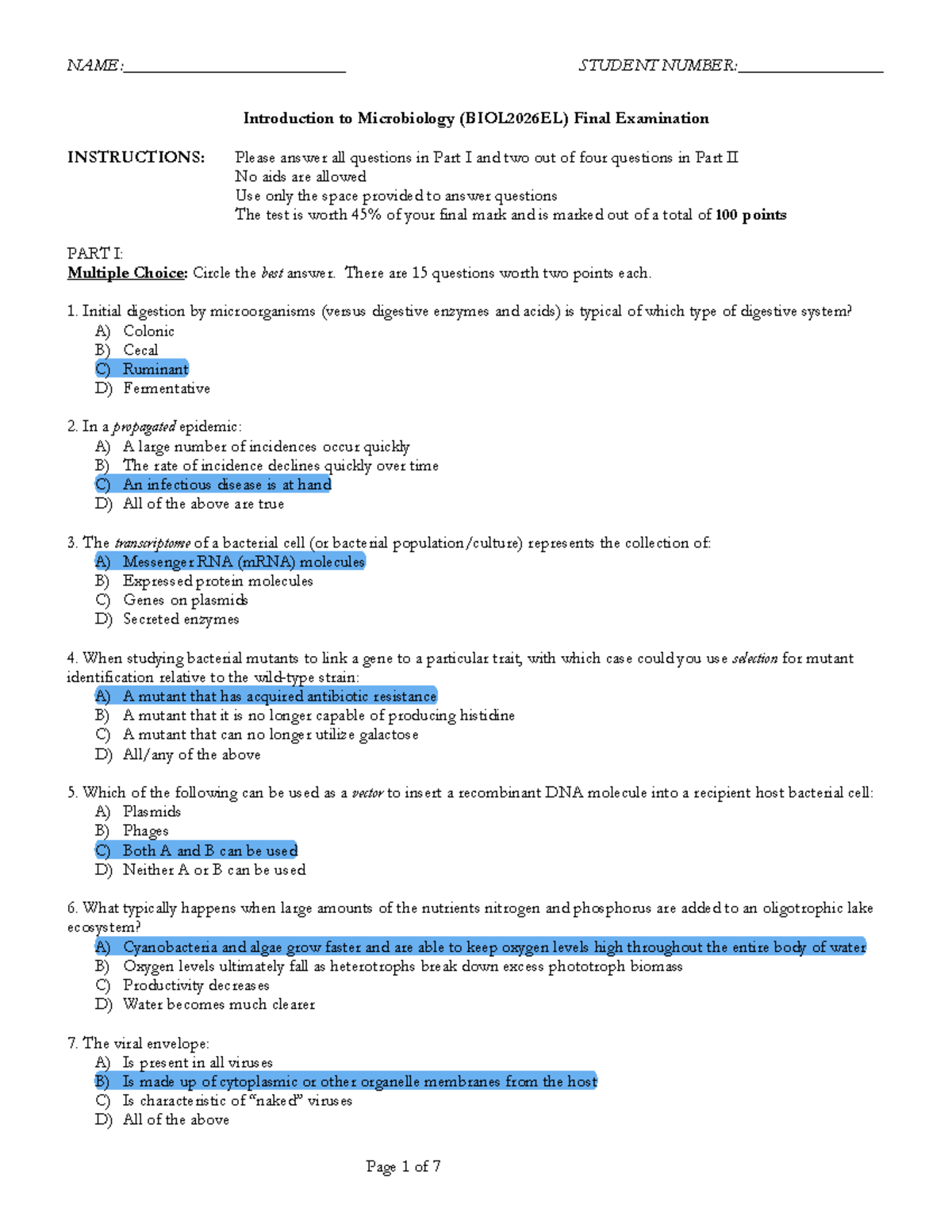 Final 2020, questions and answers - Introduction to Microbiology ...