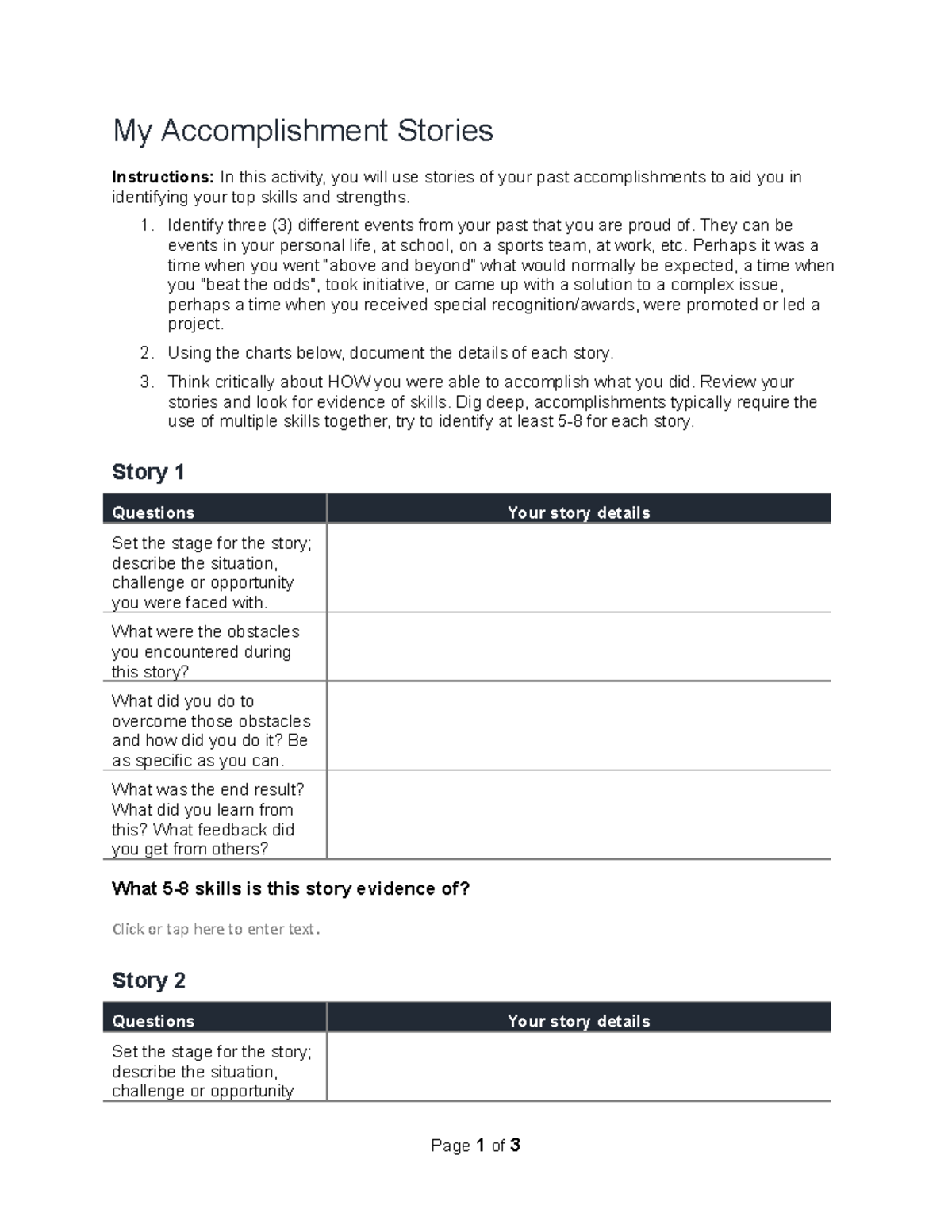Accomplishments Worksheet - My Accomplishment Stories Instructions: In ...