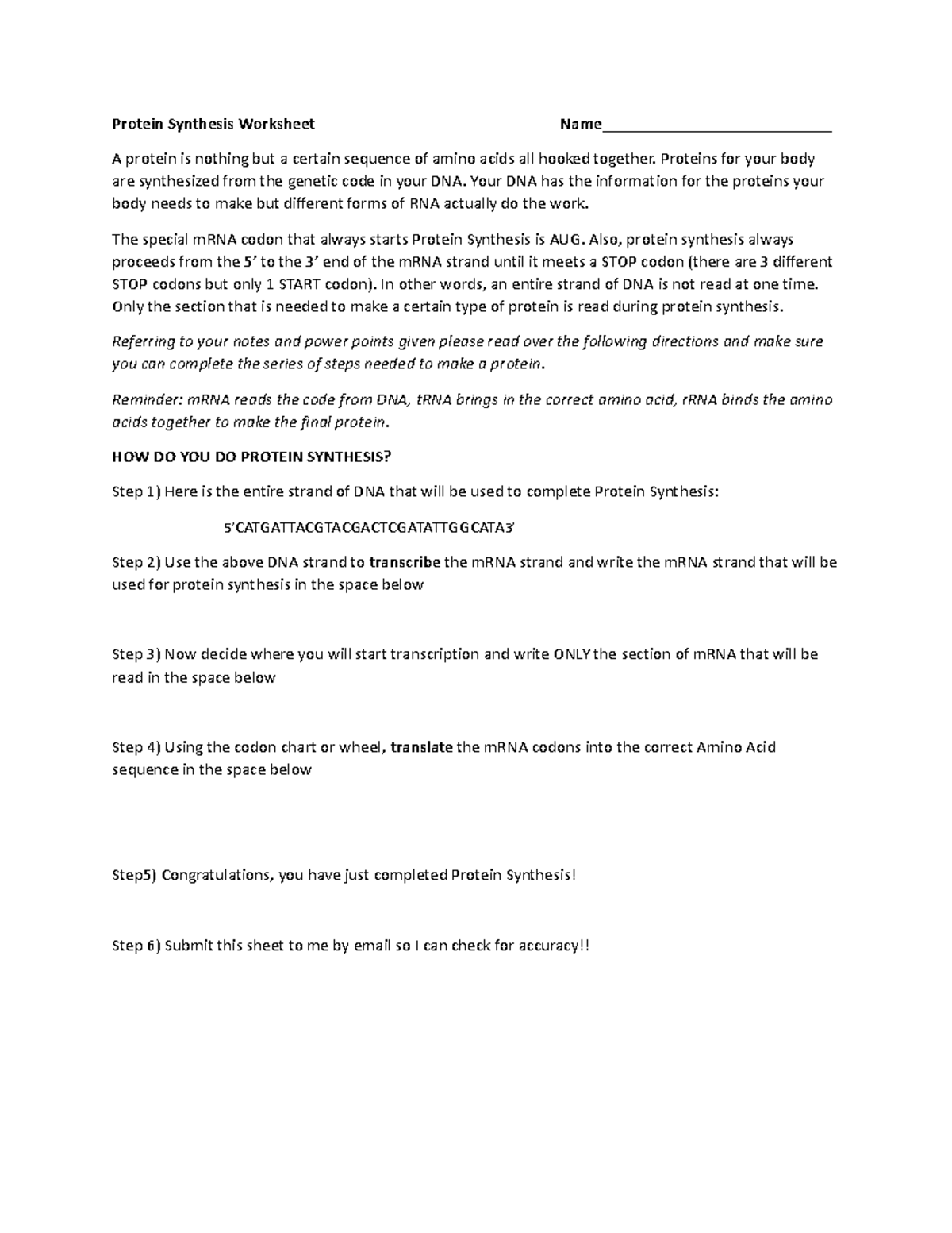 Protein Synthesis Worksheet - Proteins for your body are synthesized ...