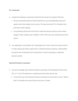 D172 Task 2 - Task 2 - Pre-Assessment A. Analyze the student pre-assessment results from the ...