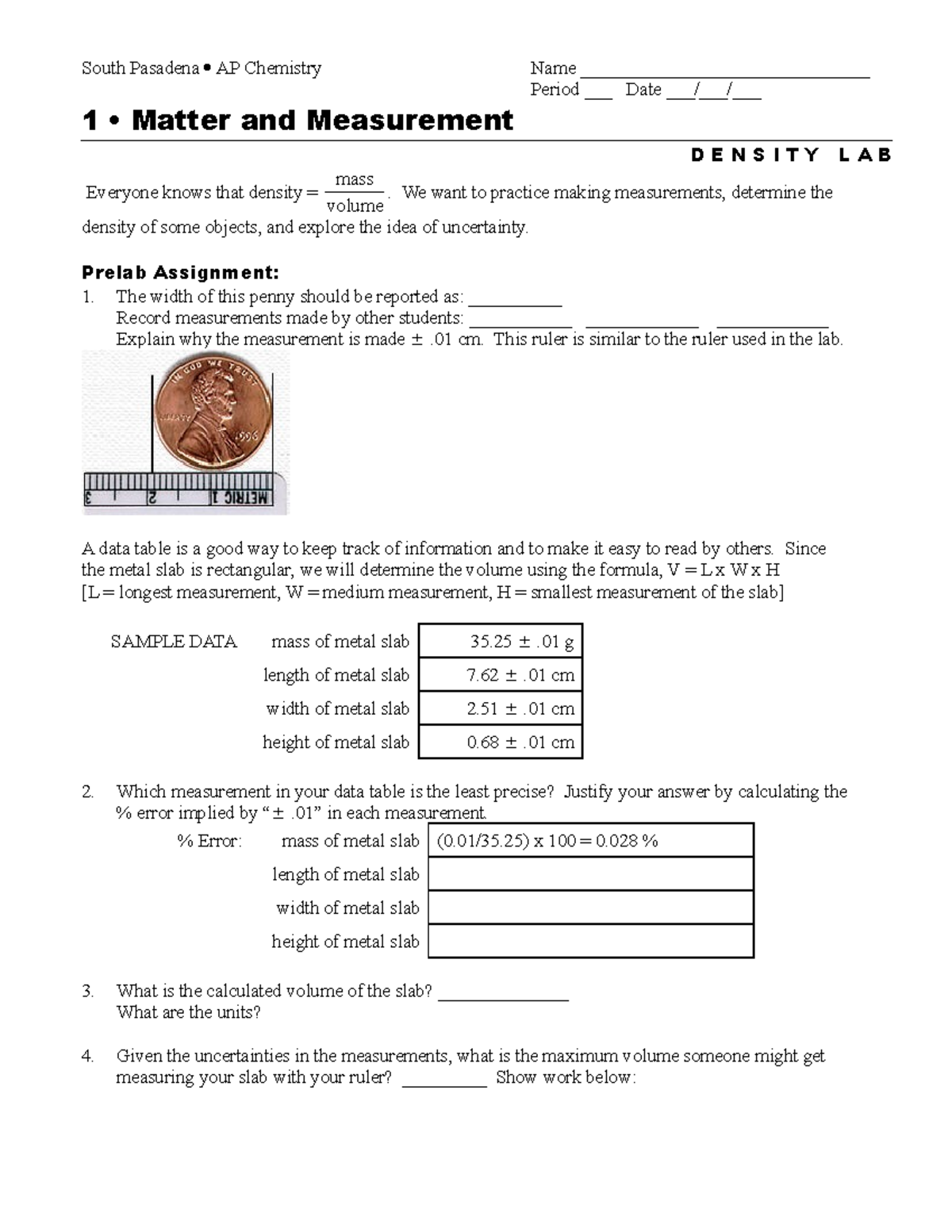Apch01 density 12 - South Pasadena AP Chemistry Name ...