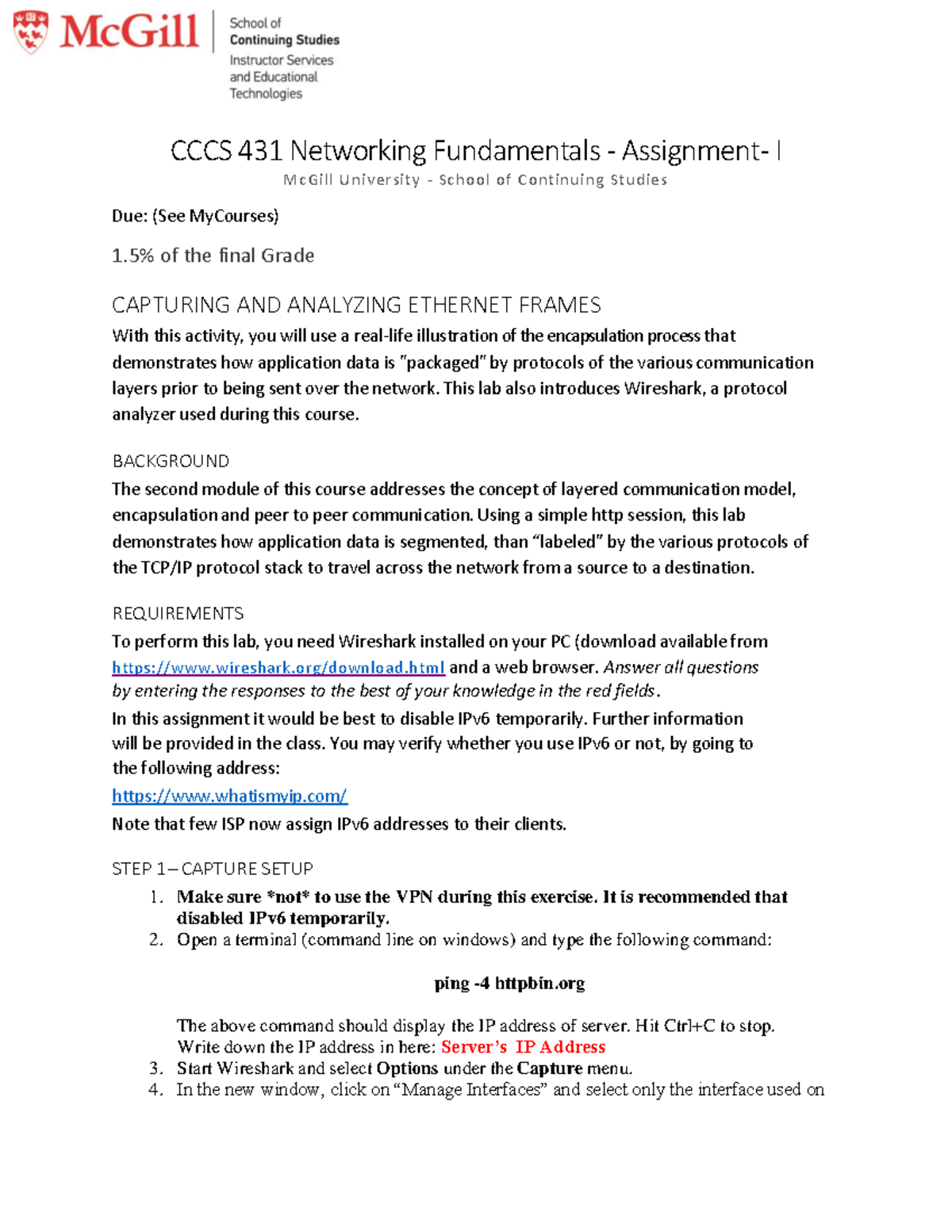Cccs431.2022f - assignment - CCCS 431 Networking Fundamentals - Assignment- I McGill University ...
