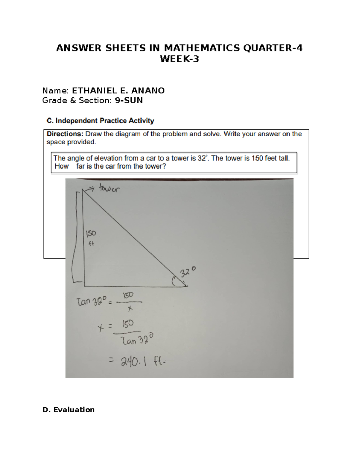 ANS. Sheets IN MATH WEEK-3 (Q-4 Anano) - ANSWER SHEETS IN MATHEMATICS QUARTER- WEEK- Name ...