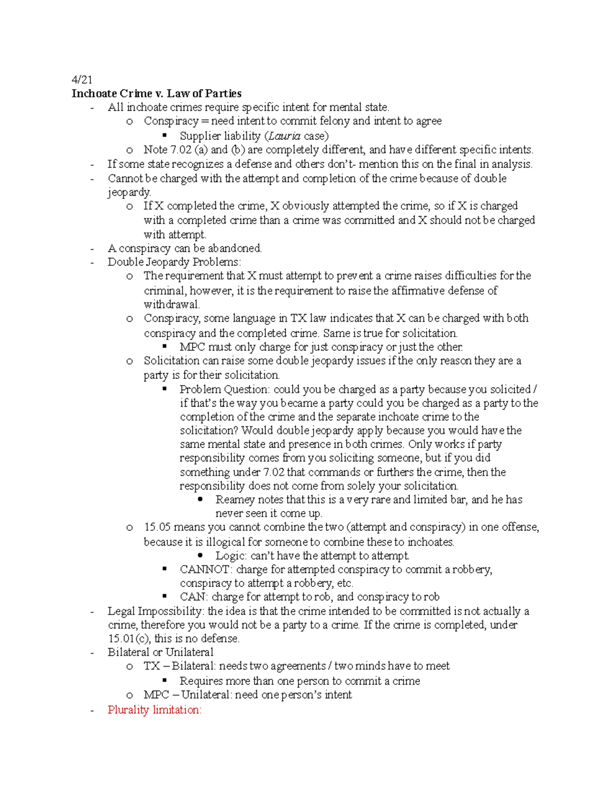 Inchoate v LOP - Lecture notes 5-8 - 4/ Inchoate Crime v. Law of ...