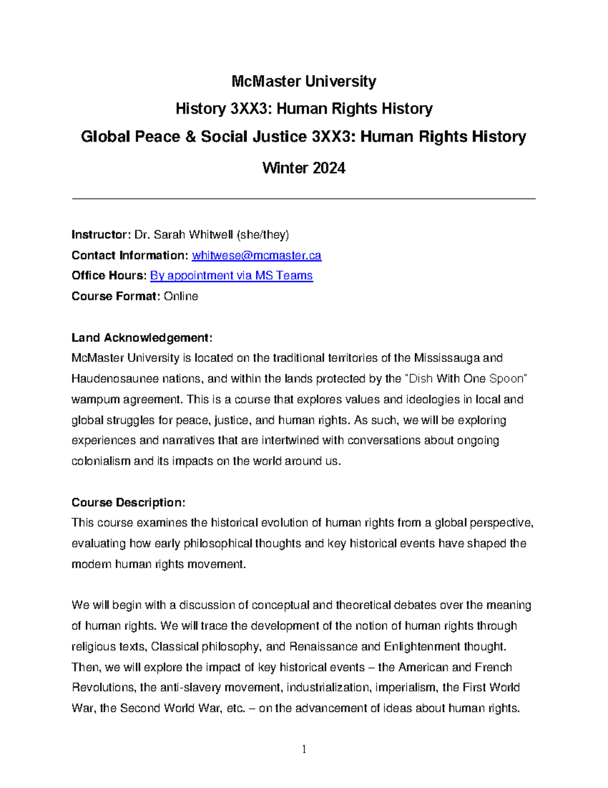 History 3XX3 Course Syllabus S24 - McMaster University History 3XX3 ...