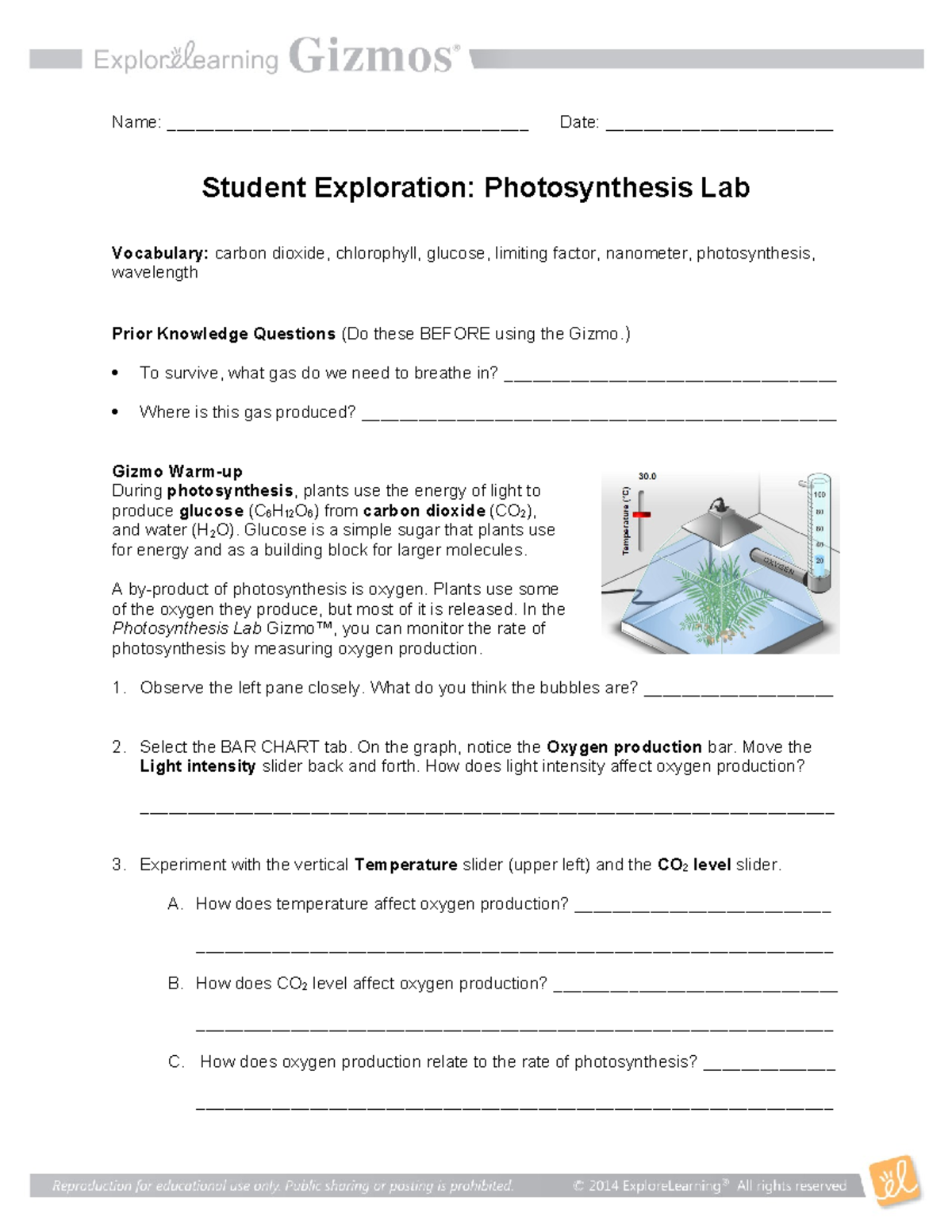 Photosynthesis Gizmo Lab - Name ...