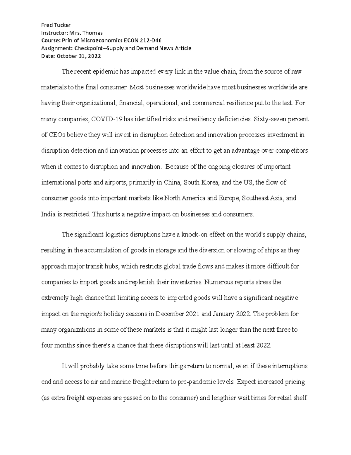 Fred Tucker Checkpoint-Supply and Demand News Article - Fred ...
