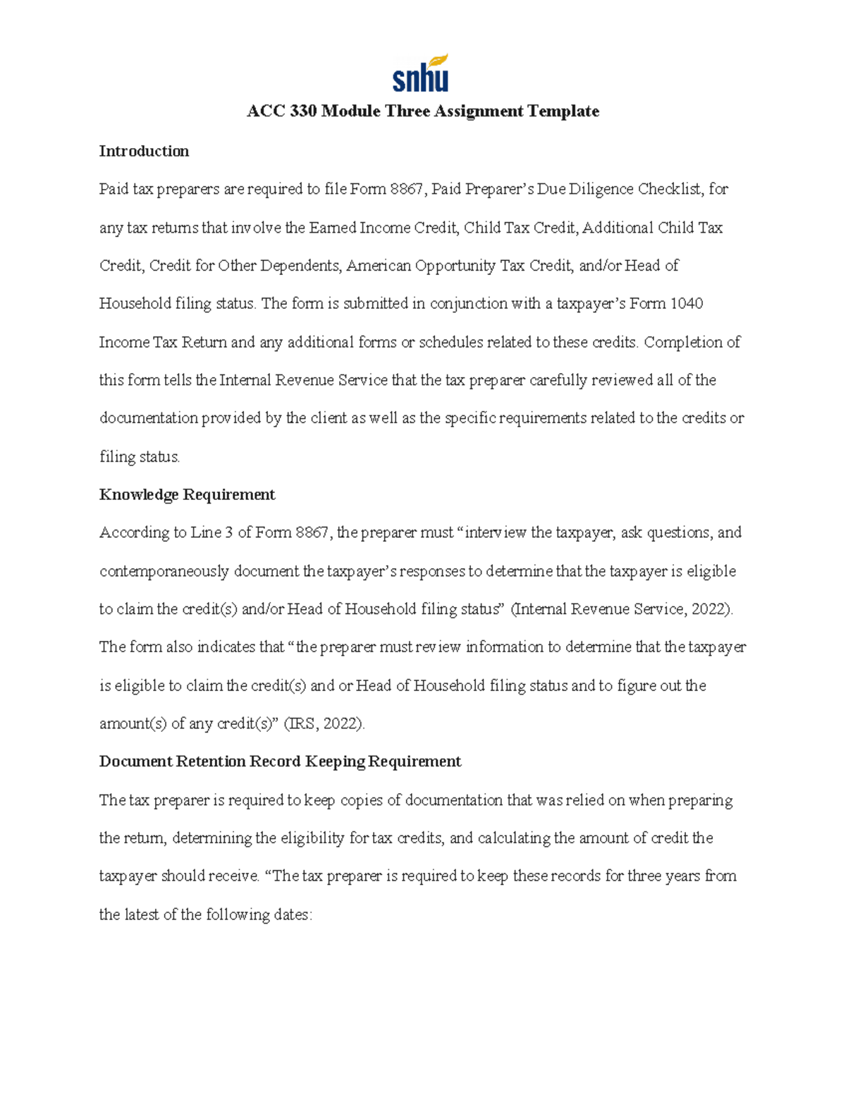 ACC 330 Module Three Assignment Template - ACC 330 Module Three Assignment Template Introduction ...