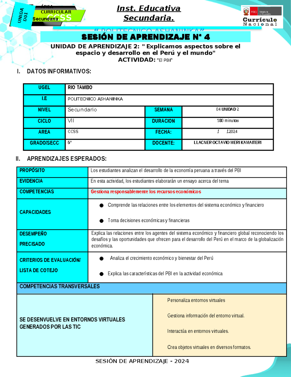 Sesion CCSS 5° SEC- Semana 04 UNI 2 - CCSS UNIDA D Secundaria EBR CURRICULAR Inst. Educativa ...