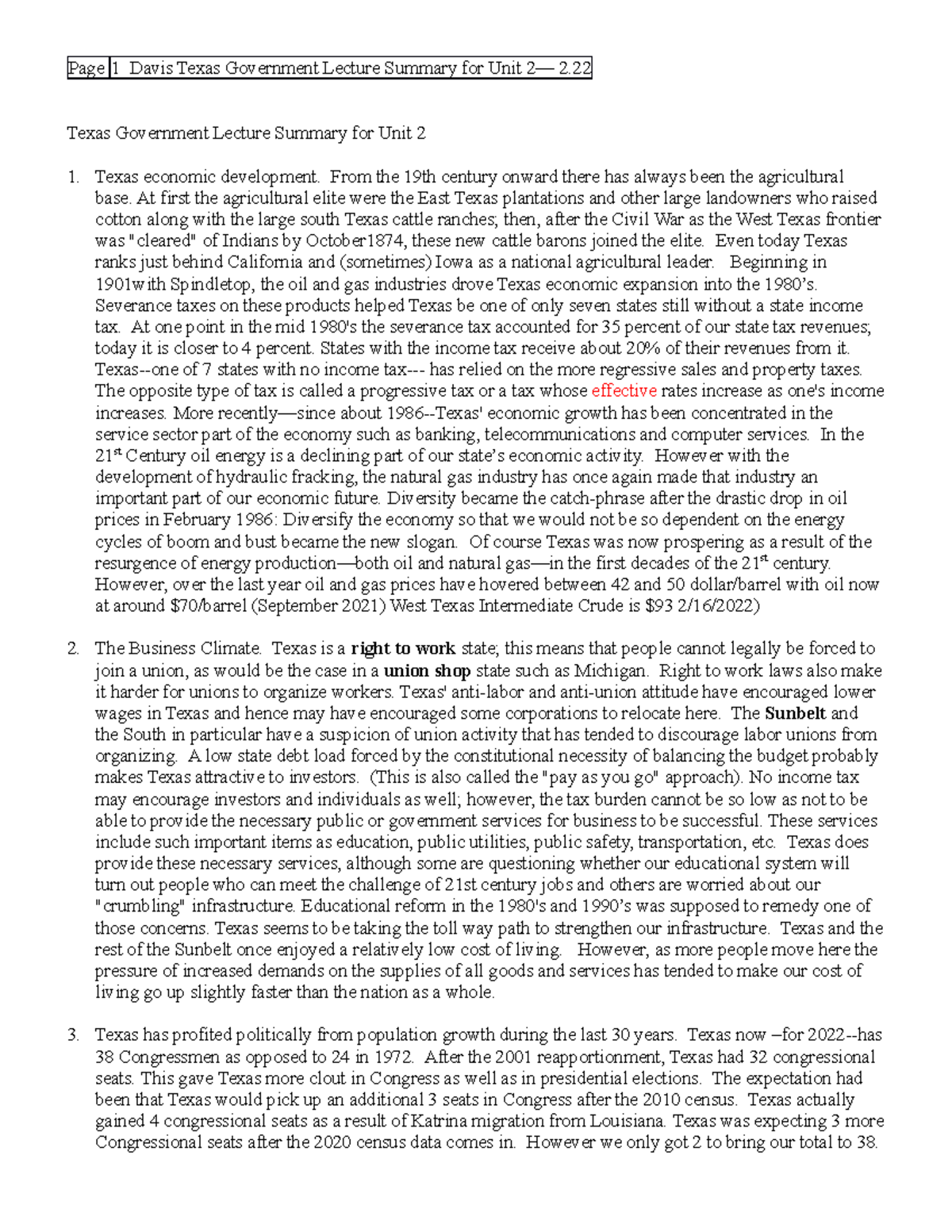 Texas Lecture Summary 2 - Texas Government Lecture Summary for Unit 2 ...