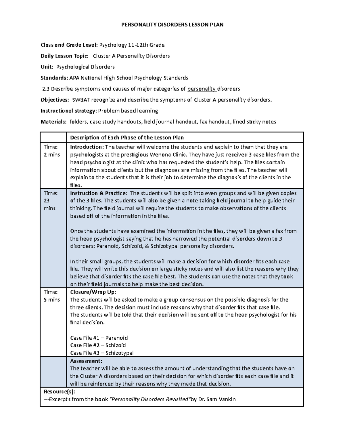 Cluster A Personality Lesson Plan - PERSONALITY DISORDERS LESSON PLAN ...