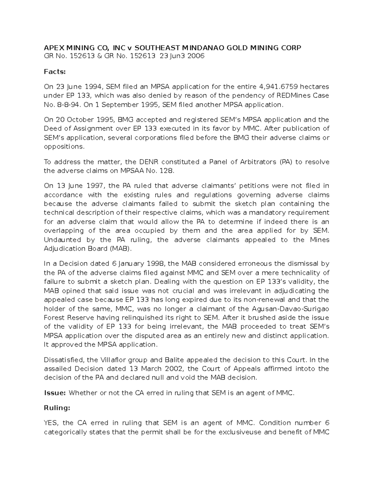 Apex vs CA - LECTURE - APEX MINING CO, INC v SOUTHEAST MINDANAO GOLD ...