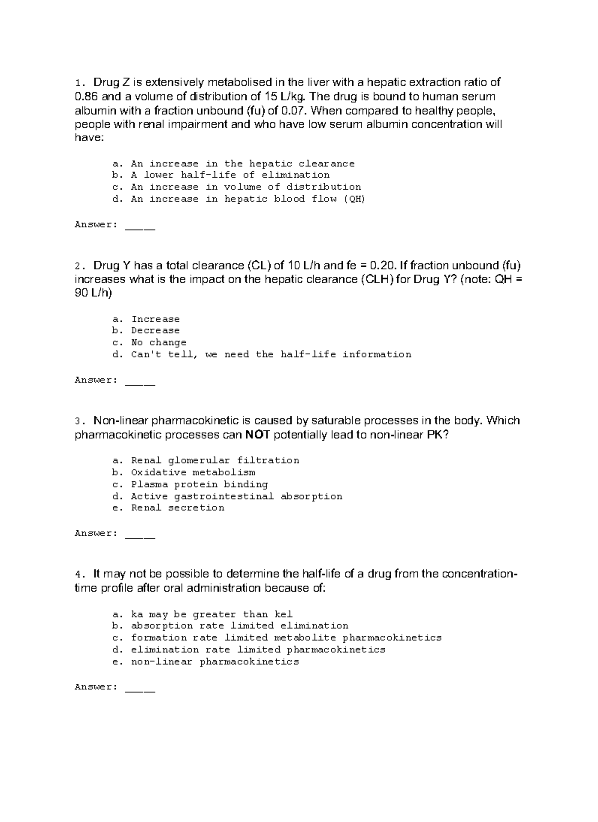 Tp Mcqs 2020 Phar2813 Notes 1 Drug Z Is Extensively Metabolised In The Liver With A Hepatic 