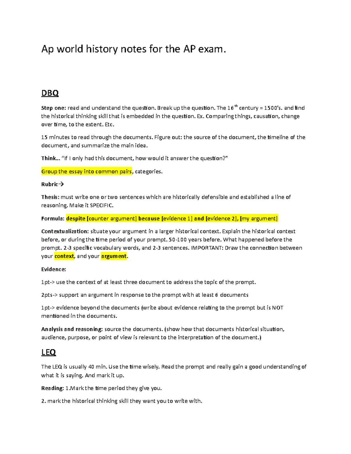 Ap world history notes for the AP exam - DBQ Step one: read and ...
