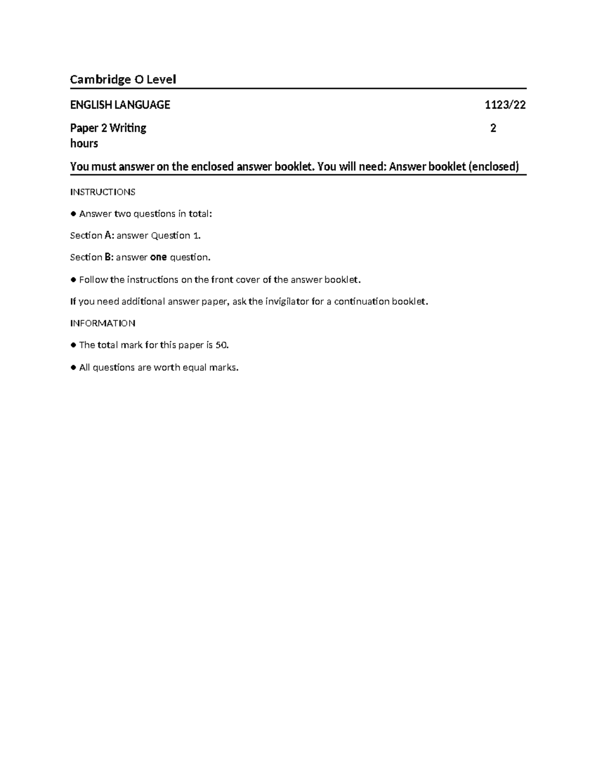 Paper 2 english - Cambridge O Level ENGLISH LANGUAGE 1123/2 2 Paper 2 ...