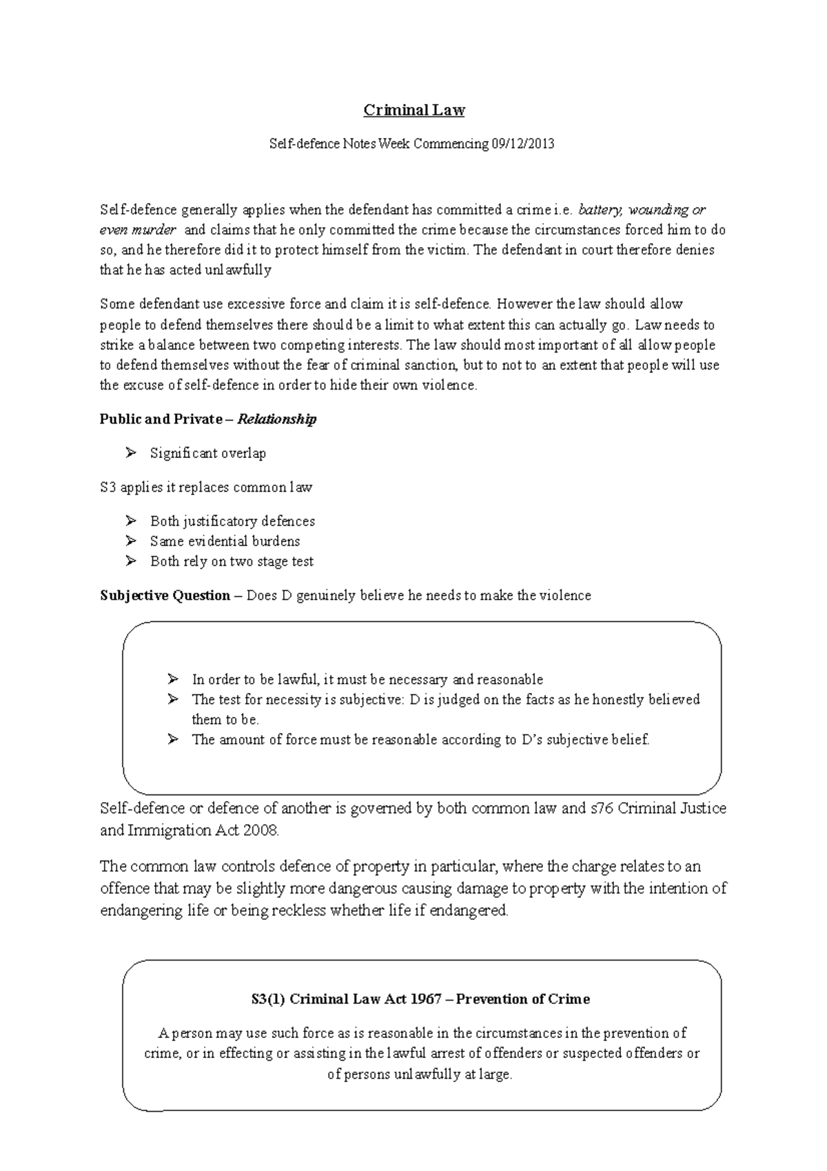 Criminal Law - Self-defence - Criminal Law Self-defence Notes Week ...