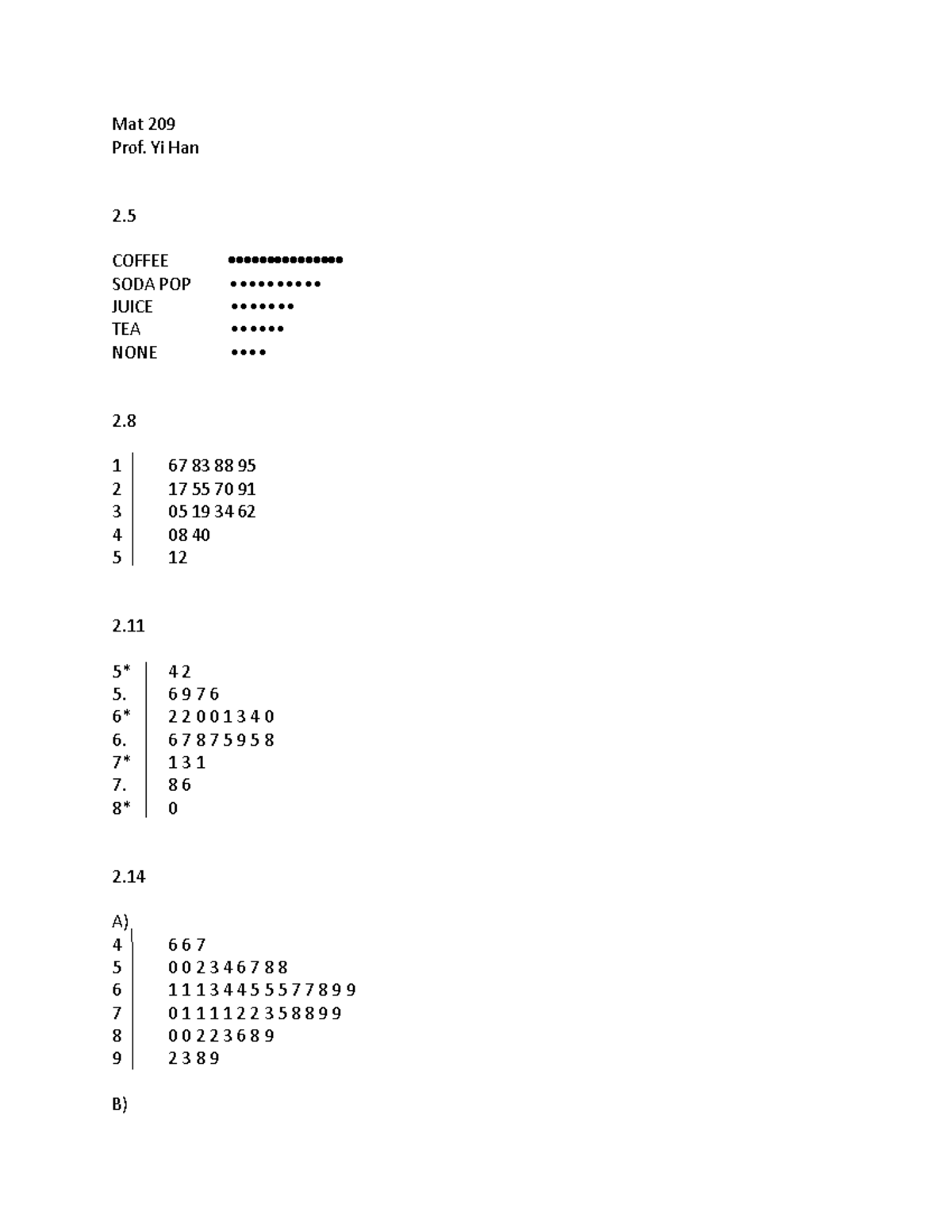 Math - Math - Mat 209 Prof. Yi Han 2 COFFEE SODA POP JUICE TEA NONE 2 1 ...