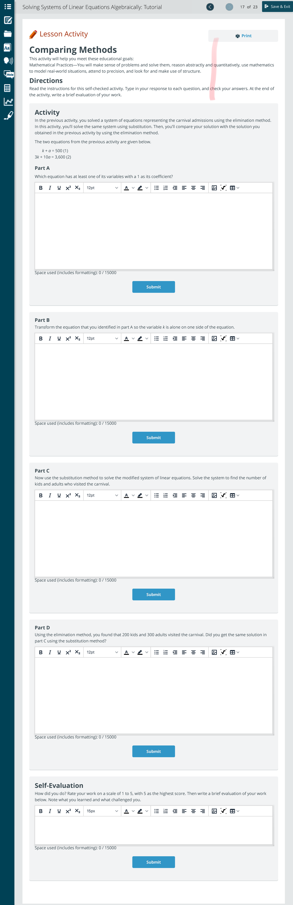 Solving Systems Of Linear Equations Algebraically Tutorial Lesson Activity Print Comparing
