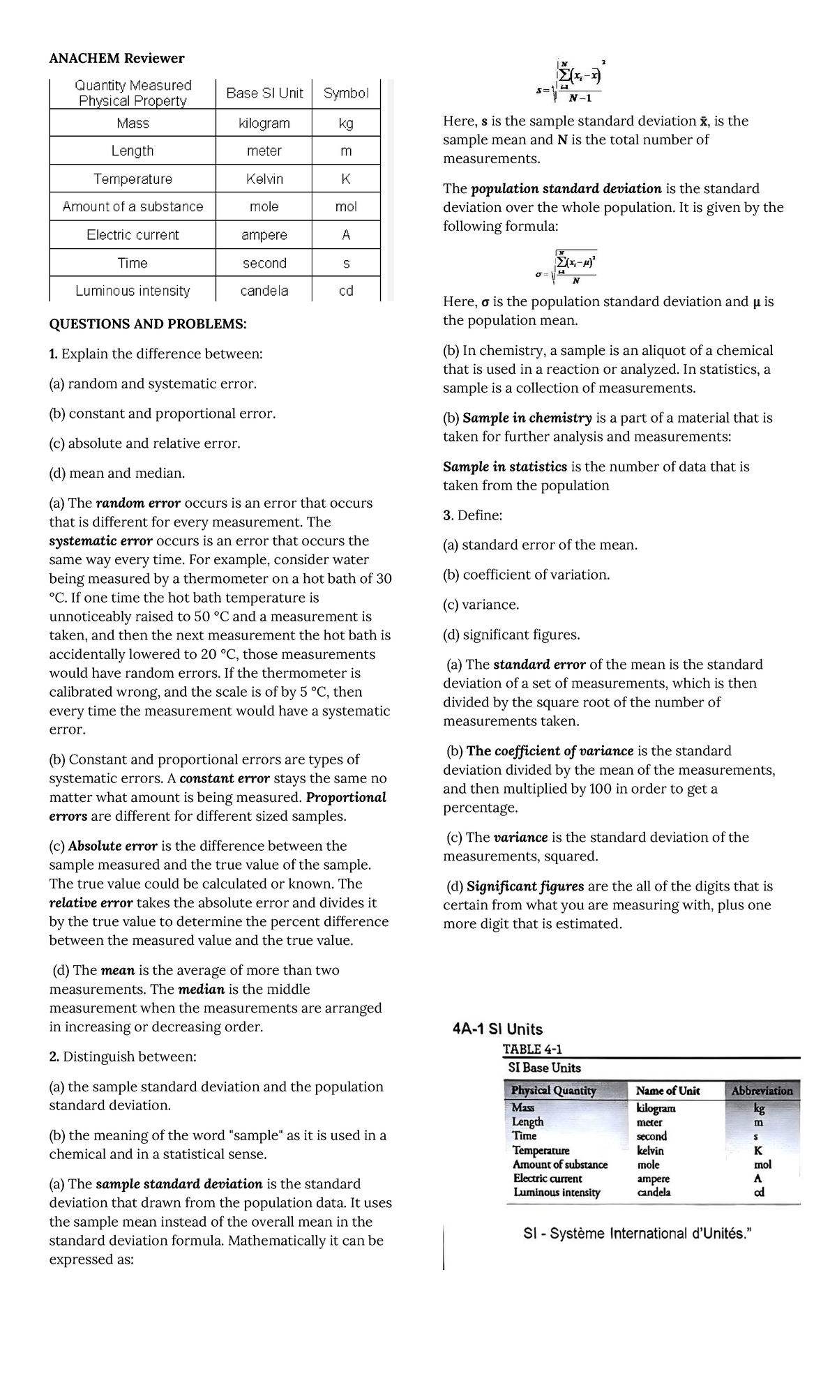 Ana Chem 2 - dsdsd - ANACHEM Reviewer QUESTIONS AND PROBLEMS: 1. Explain the difference between ...