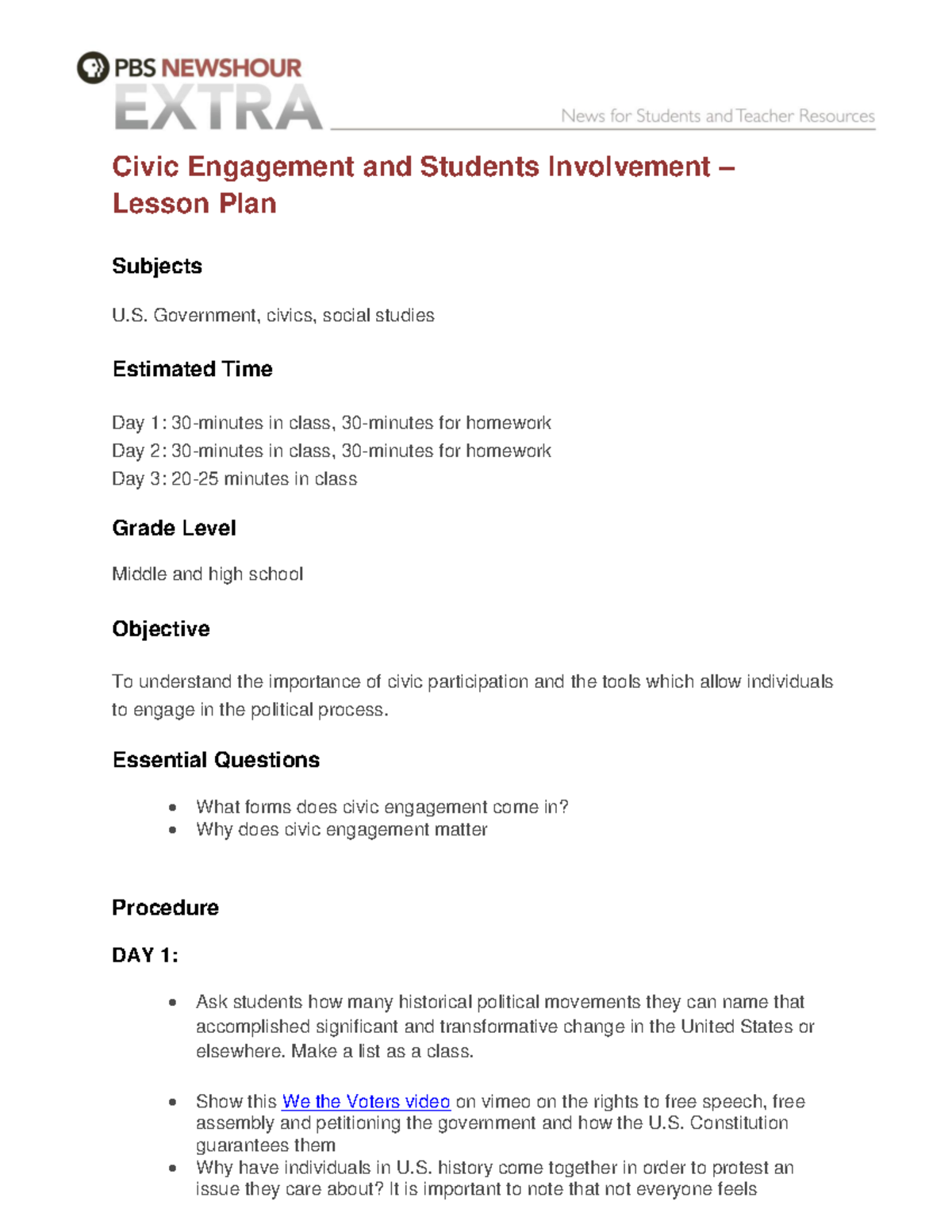 Civicsand Student Involvement - Lesson Plan LM - Civic Engagement and ...