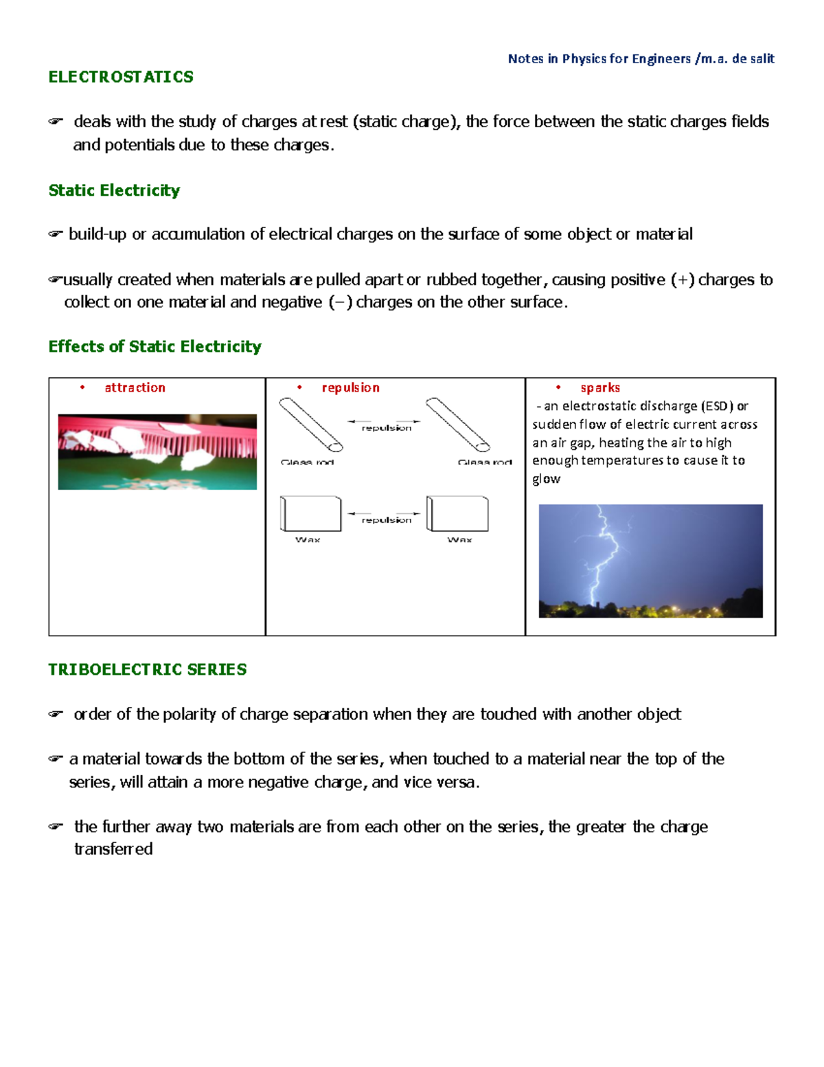 Electrostatics PHYSICS LEC - ELECTROSTATICS deals with the study of charges at rest (static ...