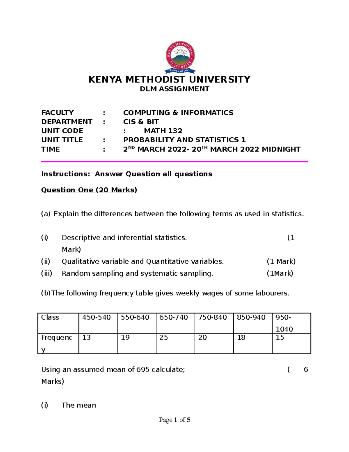 Mathematics 132 assignment first semester. - KENYA METHODIST UNIVERSITY ...