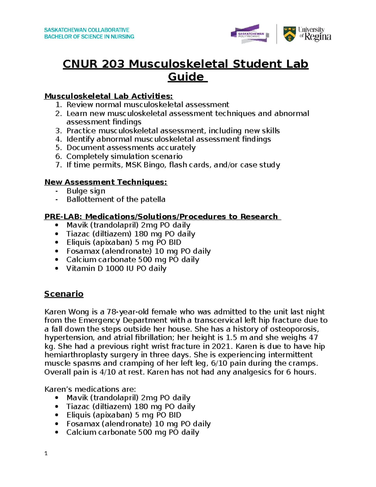 CNUR 203 Musculoskeletal Student Lab Guide - CNUR 203 Musculoskeletal ...