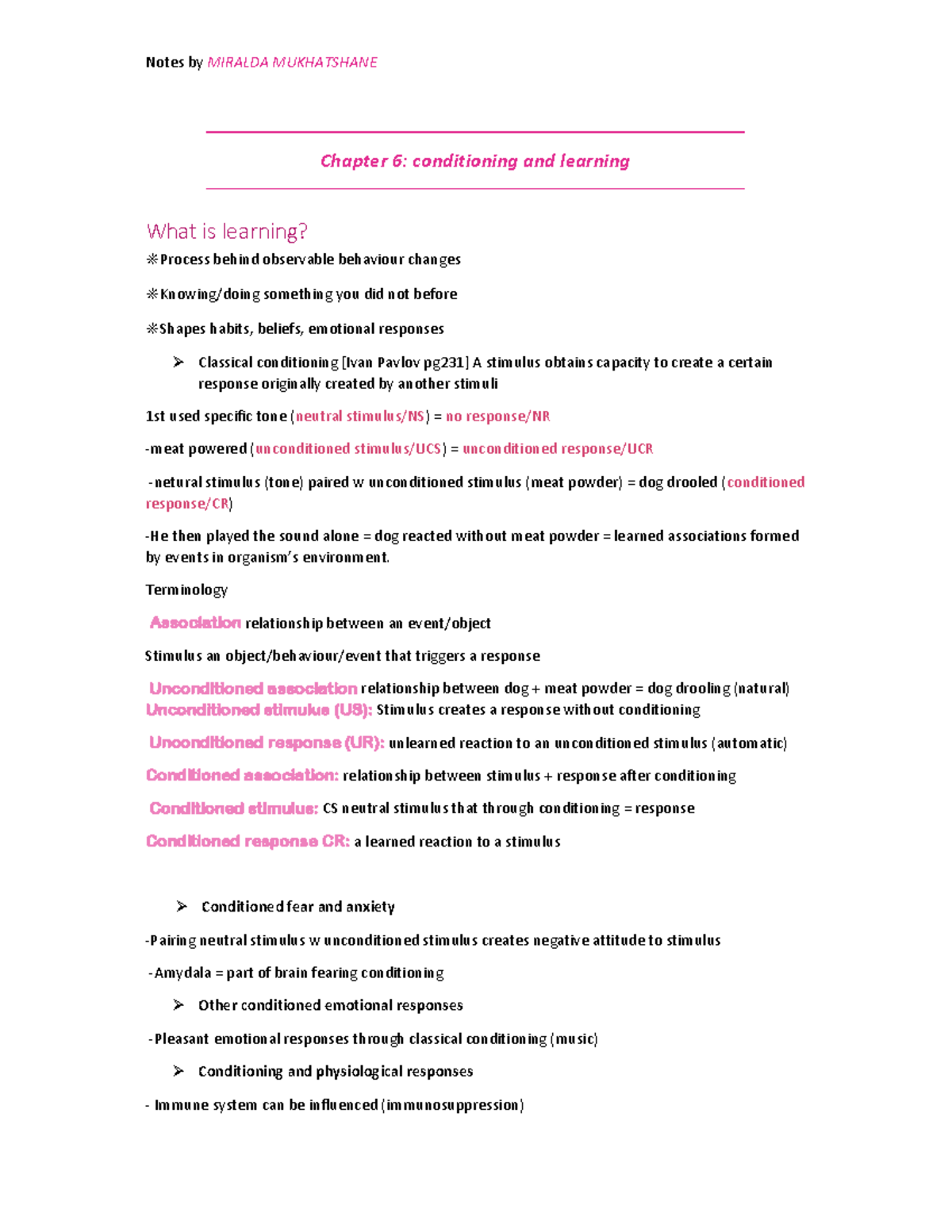 SLK110 Chapter 6 notes - Chapter 6: conditioning and learning What is ...