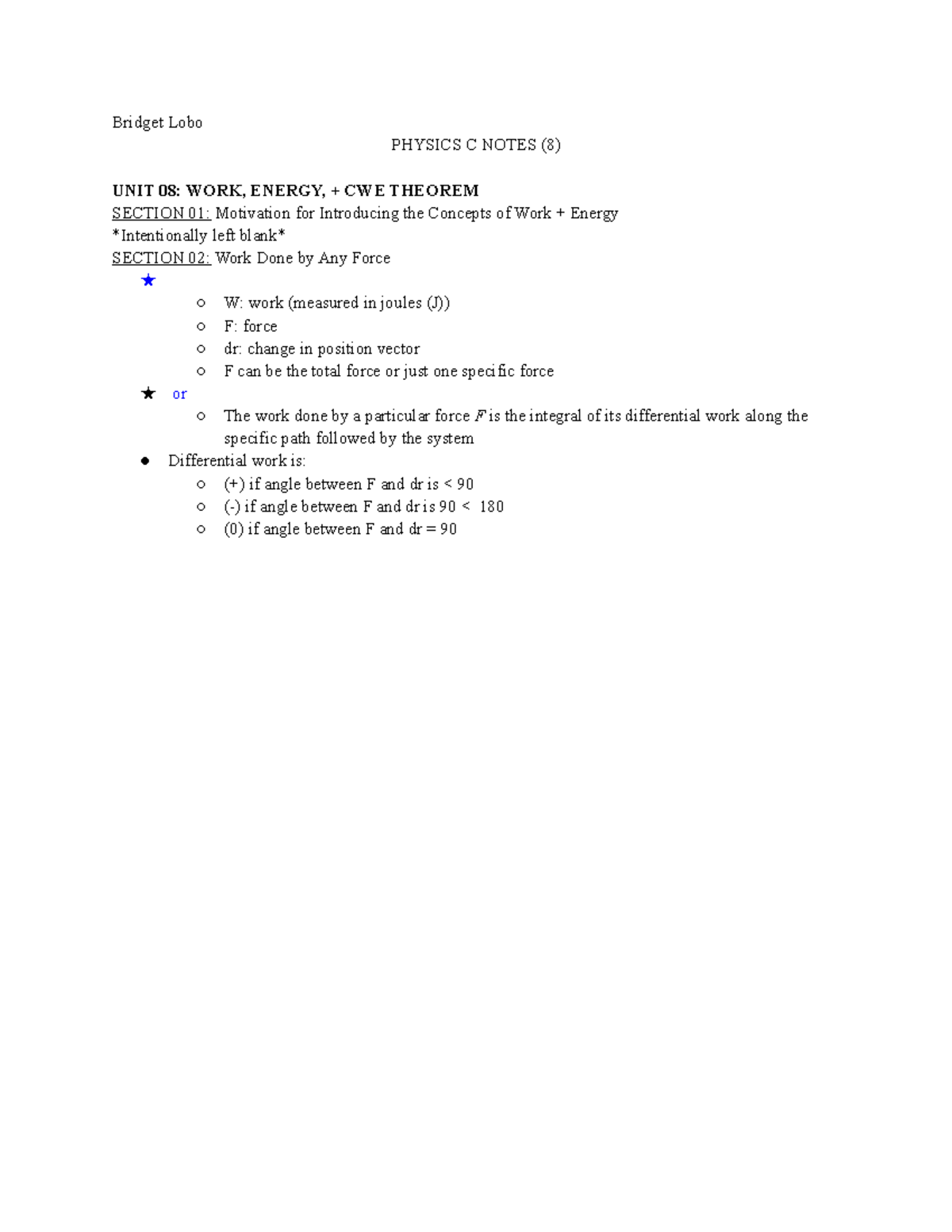 Ch. 08 work, energy, + cwe theorem - Bridget Lobo PHYSICS C NOTES (8 ...