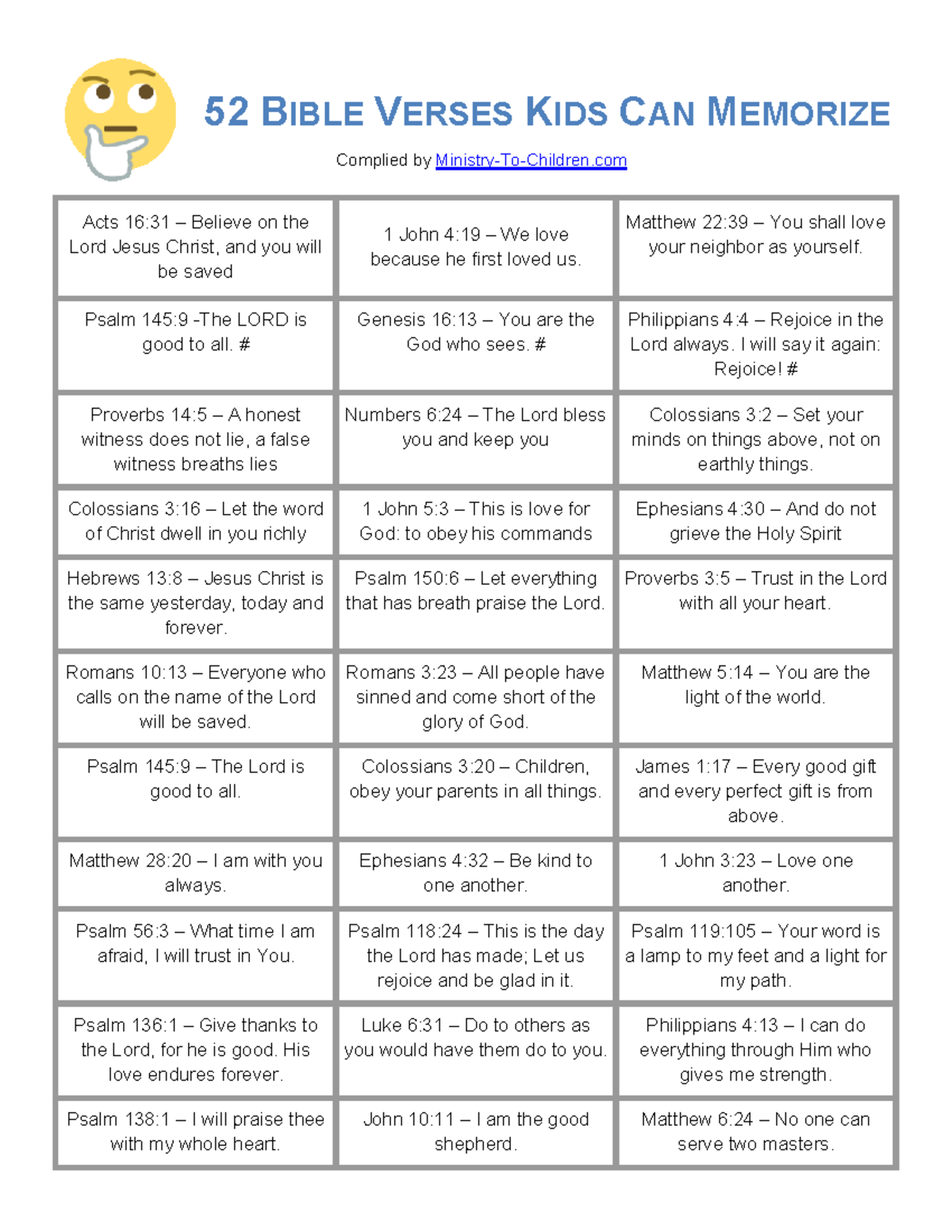 Bible Memory Verses for Kids - 52 BIBLE VERSES KIDS CAN MEMORIZE Complied by Ministry-To ...
