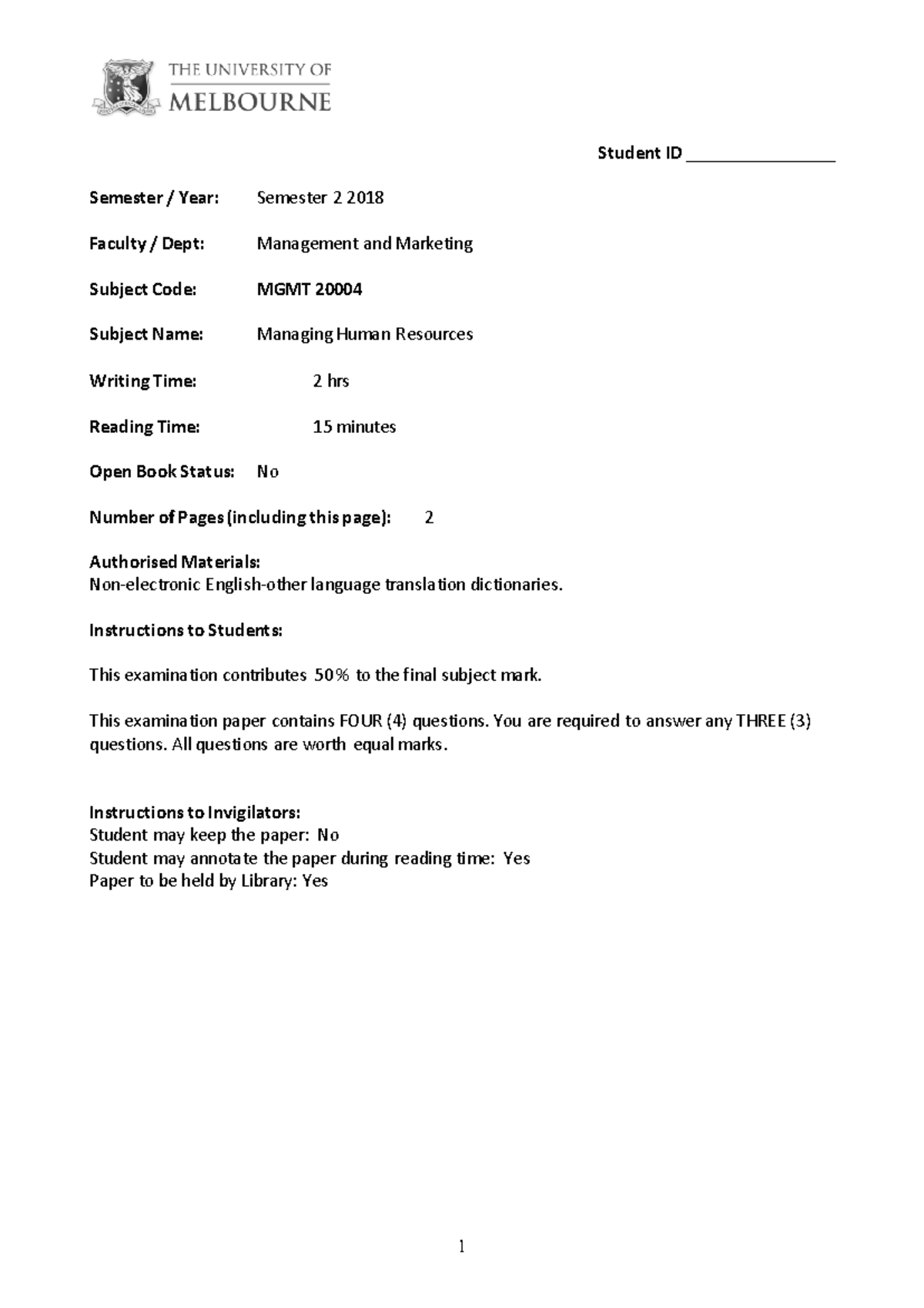 Exams 1 - Exam practice test - 1 Student ID ________________ Semester ...