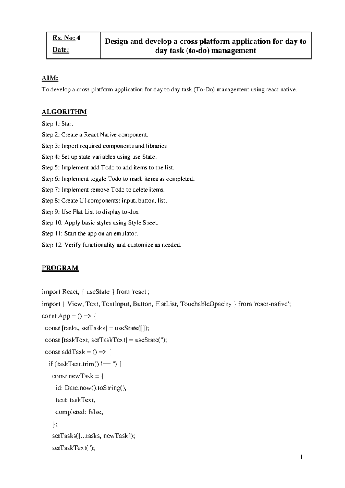 App development ex 3 to ex 7 - Ex. No: 4 Date: Design and develop a ...