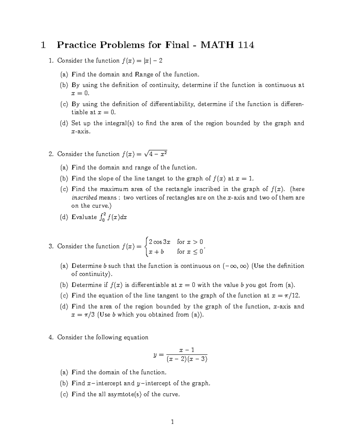 Practice exam 24 September, questions and answers - 1 Practice Problems for Final MATH 114 1 ...